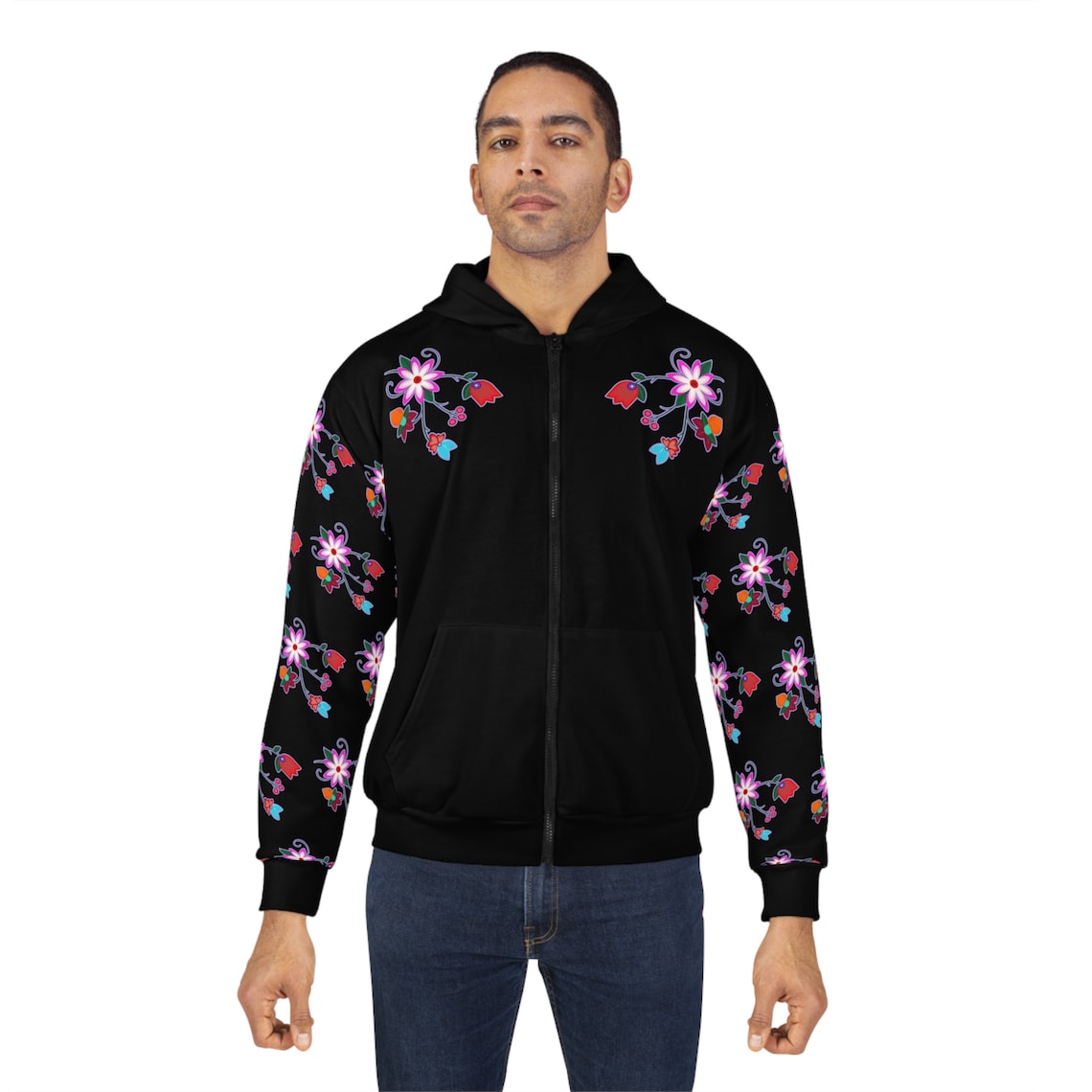 Indigenous Floral Zip Hoodie: Sleeve Detail Jacket, First Nation Flower ...