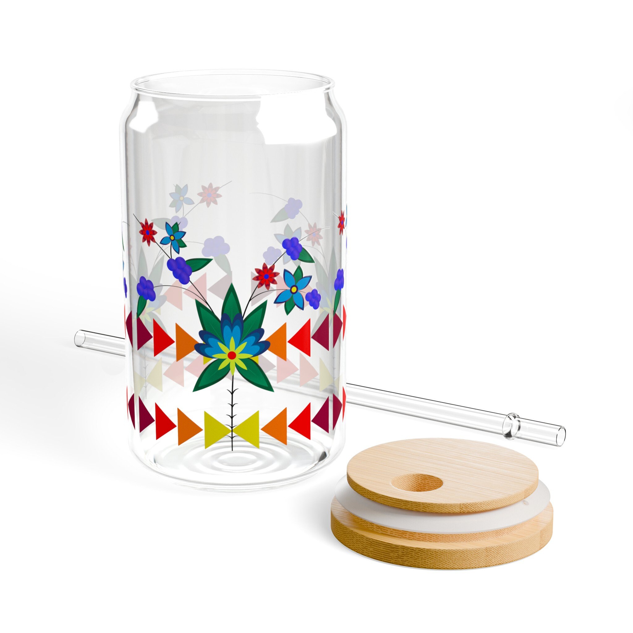 Indigenous Glass Can With Lid and Straw, Trendy Gift for Mom From a Top ...