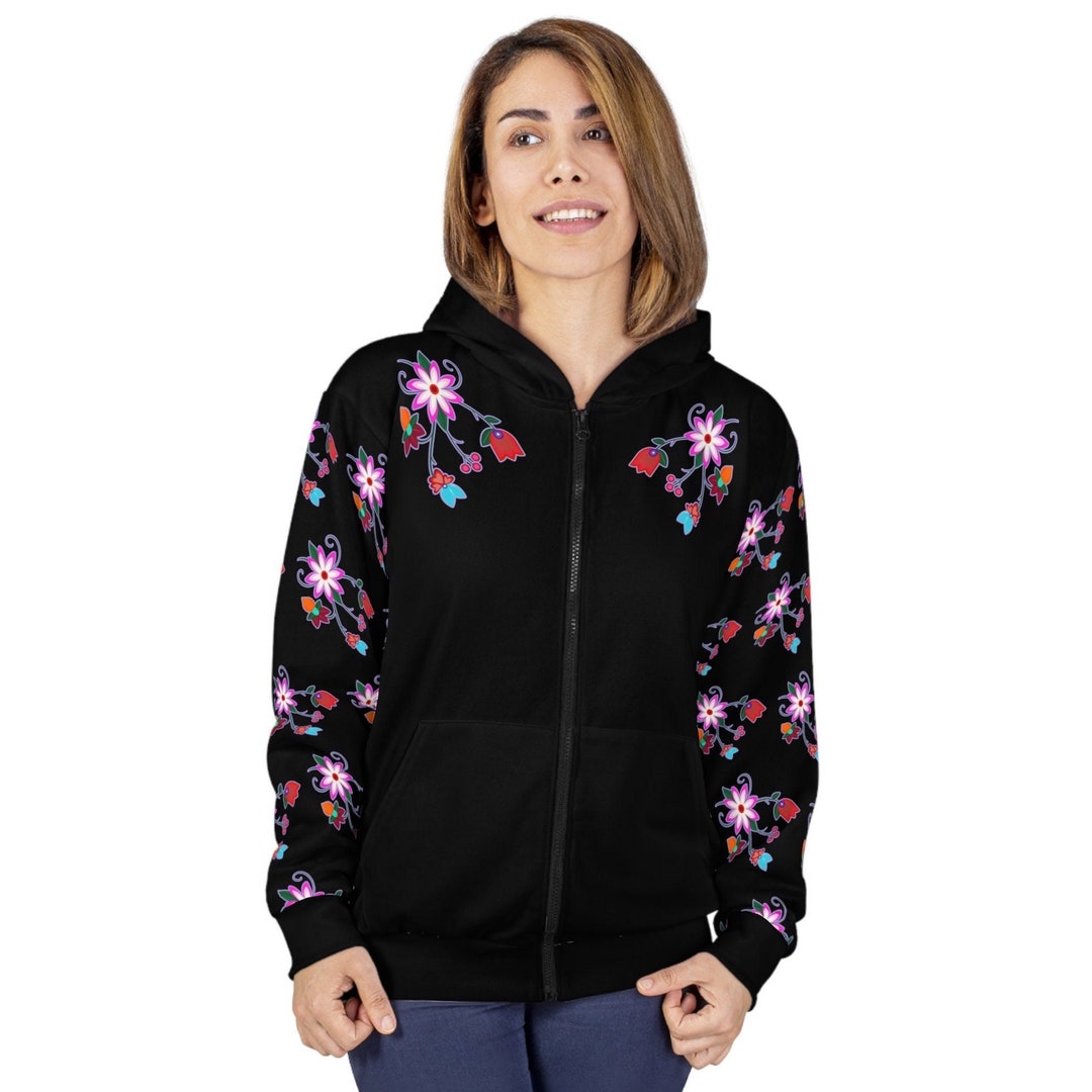 Indigenous Floral Zip Hoodie: Sleeve Detail Jacket, First Nation Flower ...