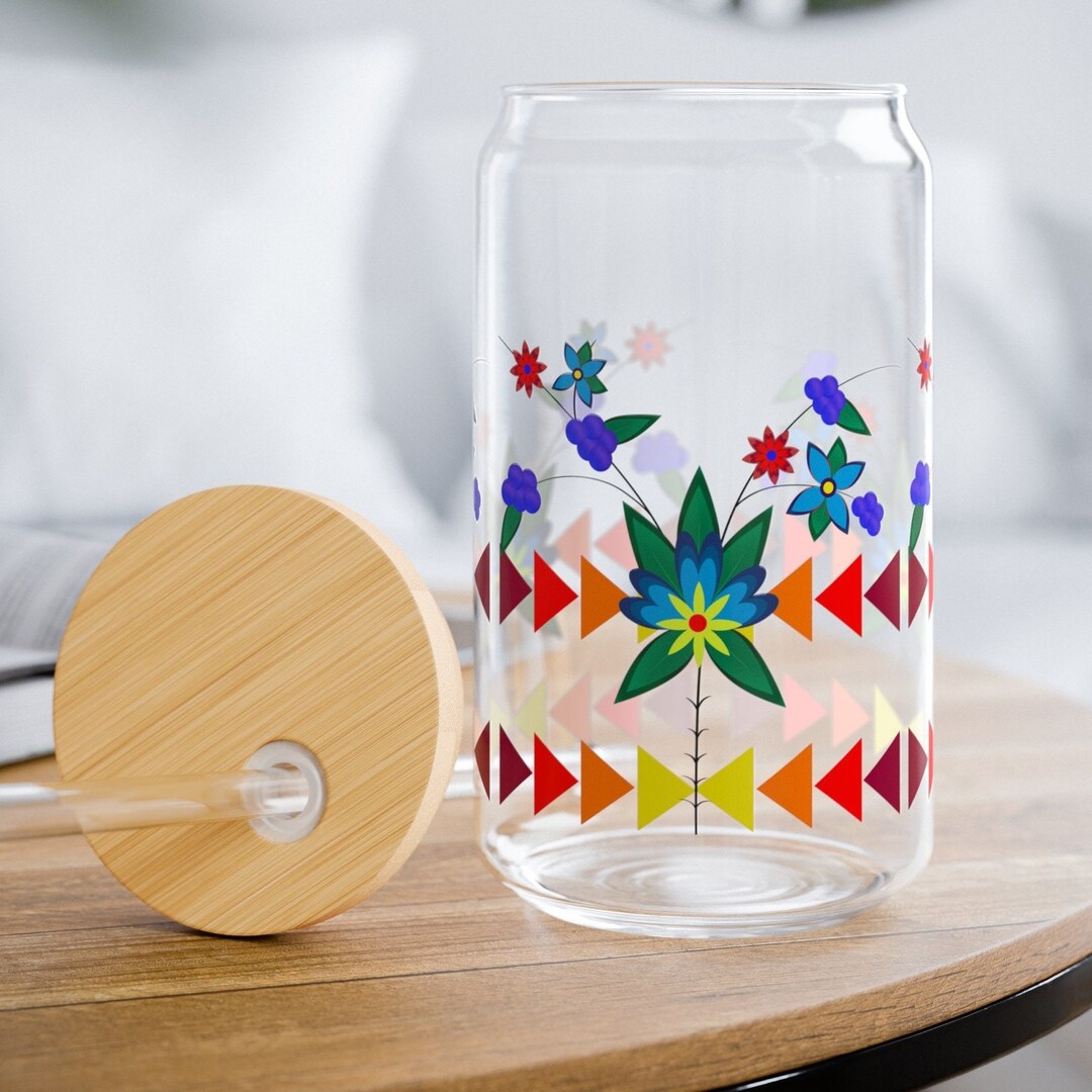 Indigenous Glass Can With Lid and Straw, Trendy Gift for Mom From a Top ...
