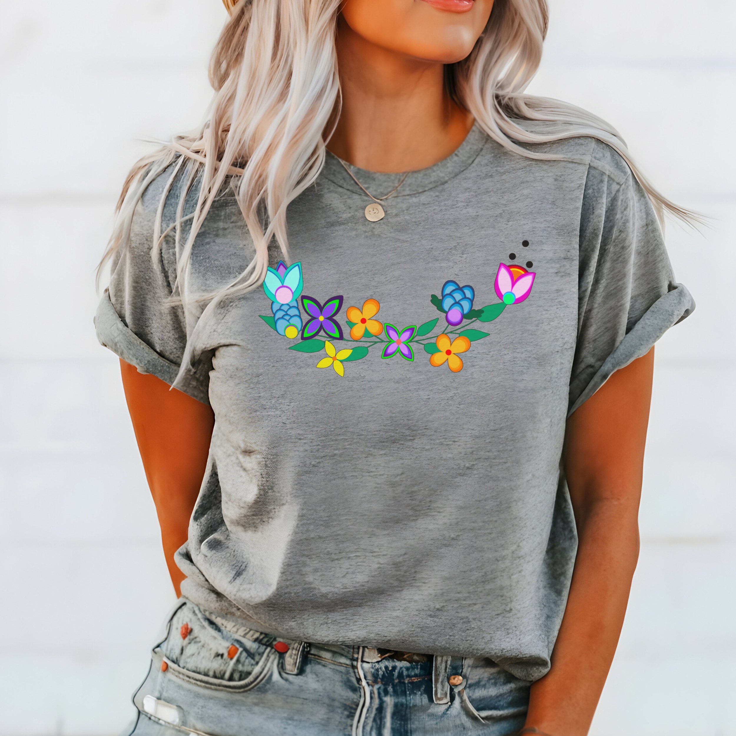 Woodland Floral Neck Pattern T-shirt, Ojibwe Flower Shirt, Cree T Shirt ...