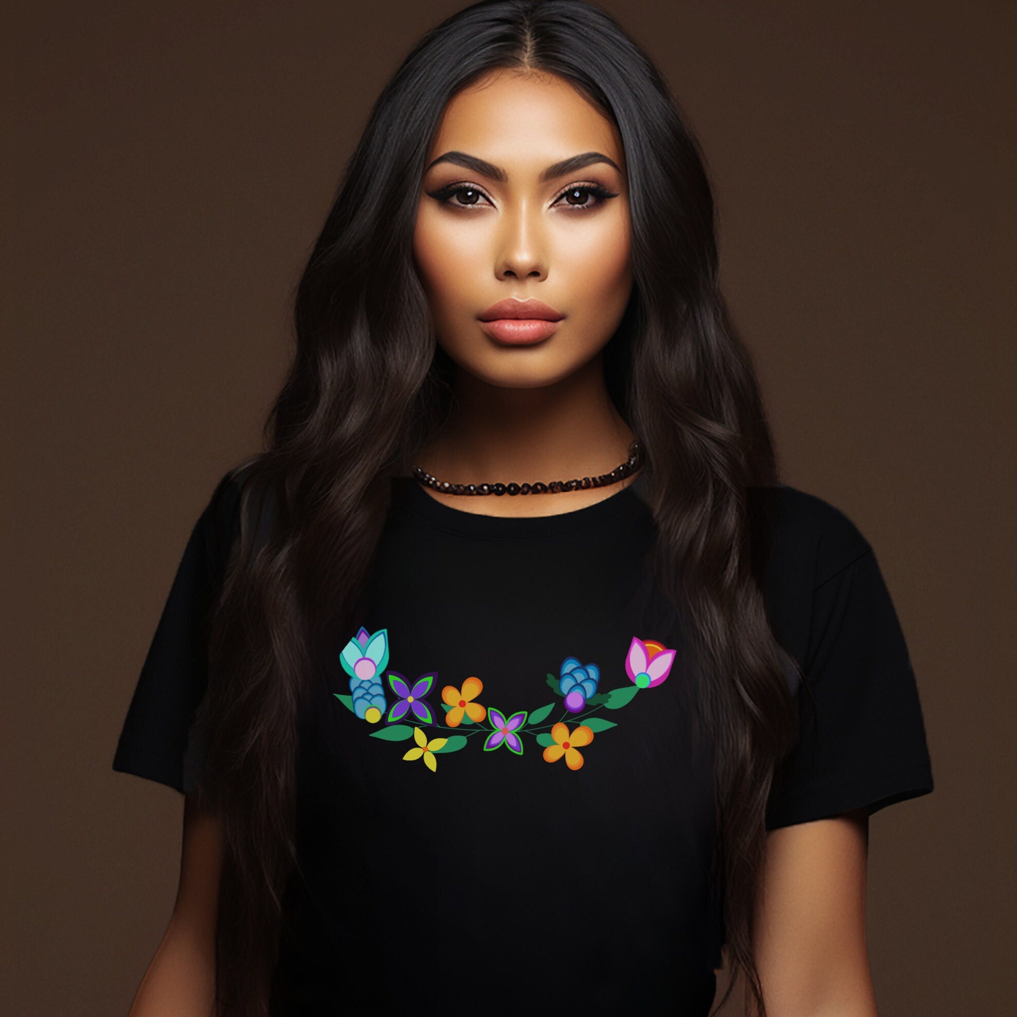 Indigenous-owned Canadian Floral Neck Pattern T-shirt | Woodland Cree ...