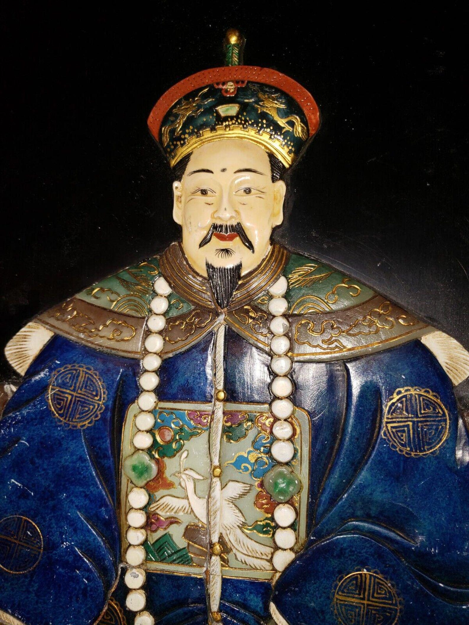 Chinese Emperor Antique Late 19th Century 3'x2' Painted Porcelain Black ...