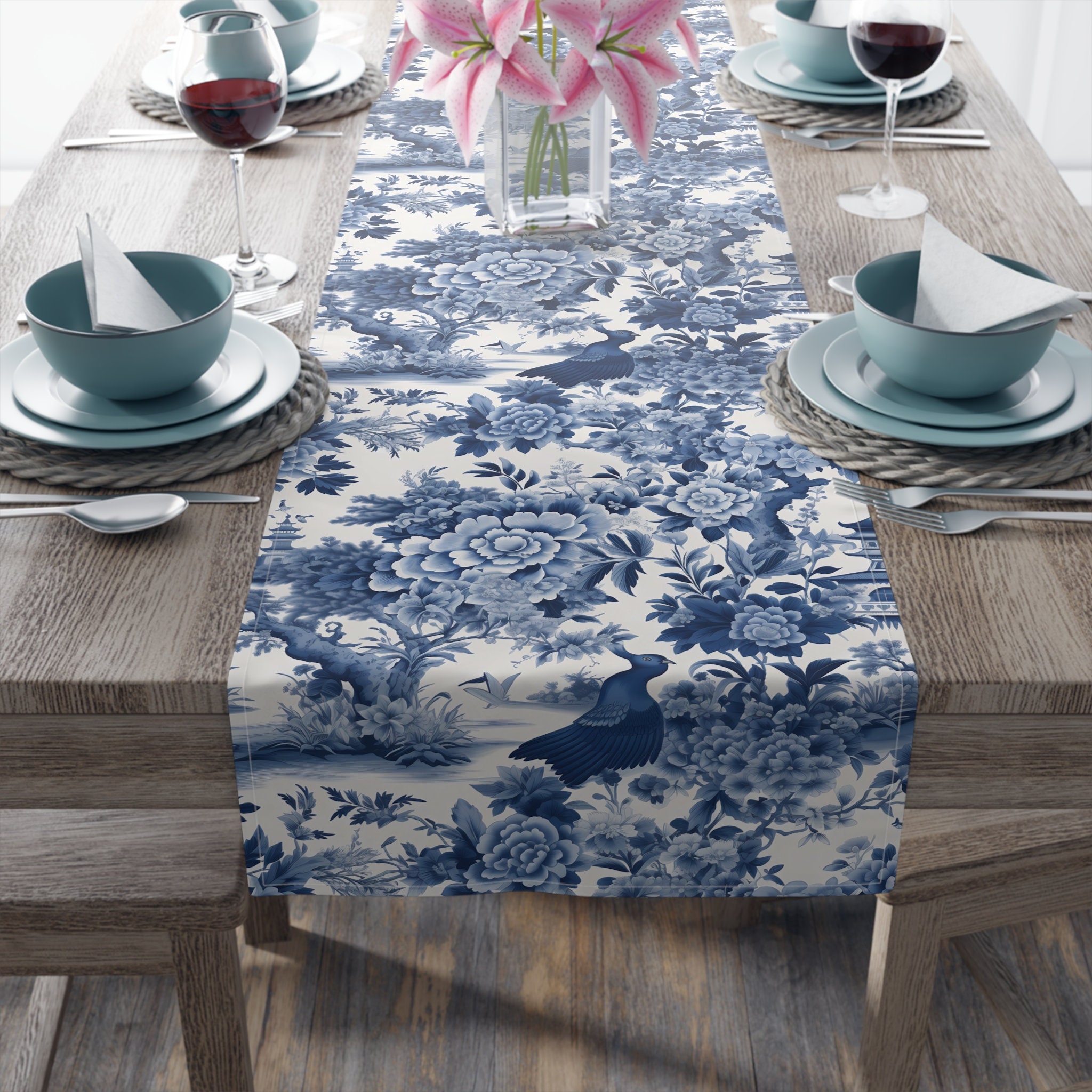 Chinoiserie Blue White Table Runner Dining Room Hallway Table Decor ...