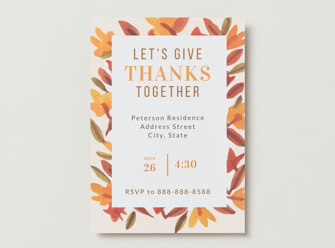 Editable 5x7 Give Thanks Together Thanksgiving Dinner Invitation ...