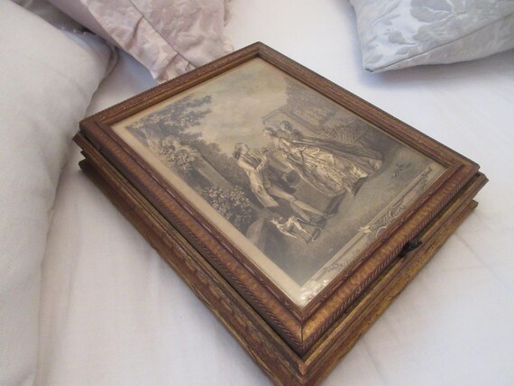 Antique French Wooden Keepsake Display Box With Mirror - Gem