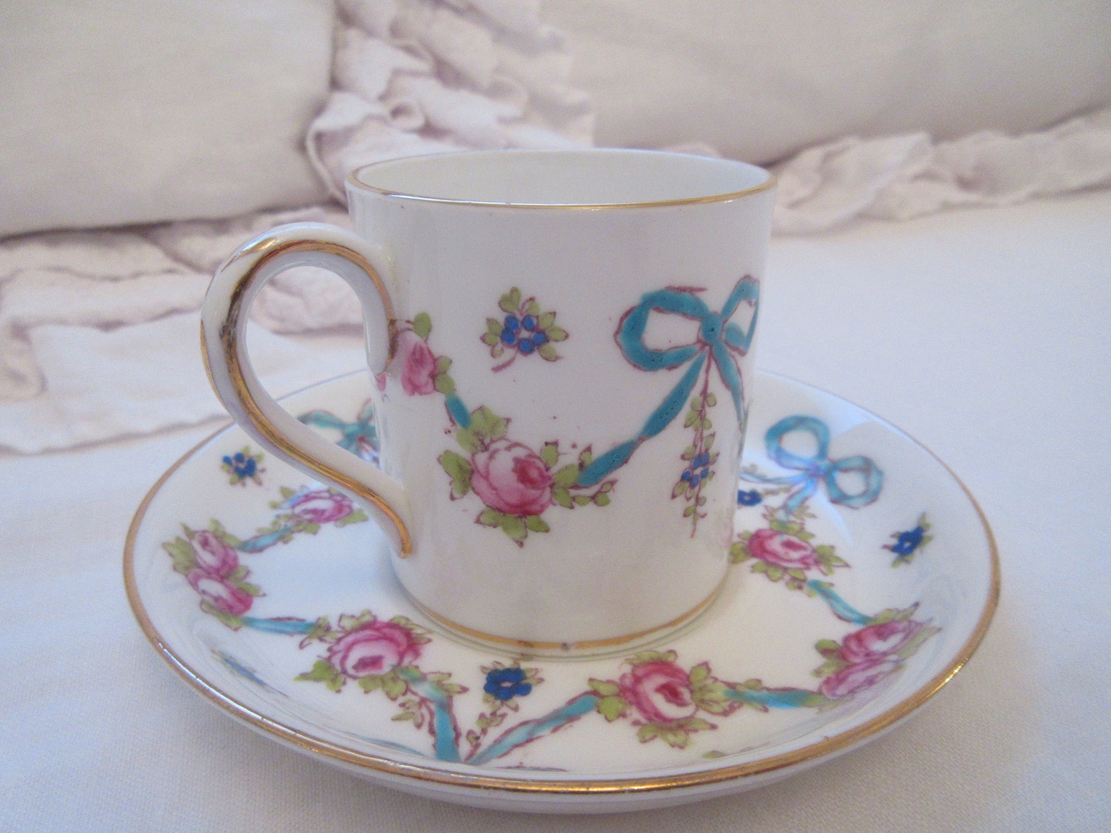 Antique Shabby Tea Cup/saucer Set Pink Roses Bows Swags Bone China ...