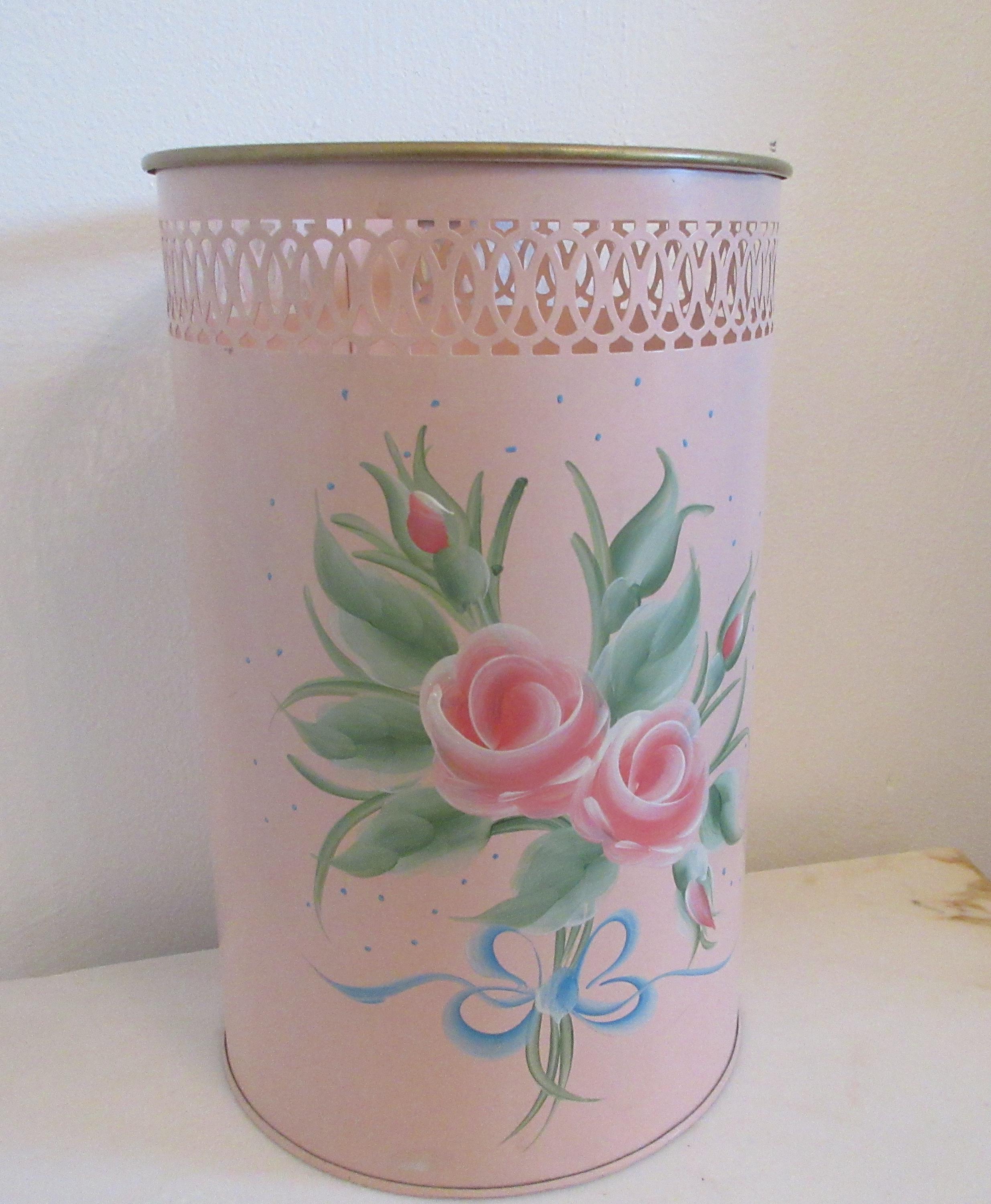Vintage Pale Pink Tole Painted Roses With Ribbon Wastebasket - Etsy
