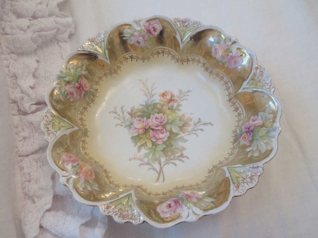 Antique Ornate Roses Large Display Bowl Gilded Florals Details - Etsy