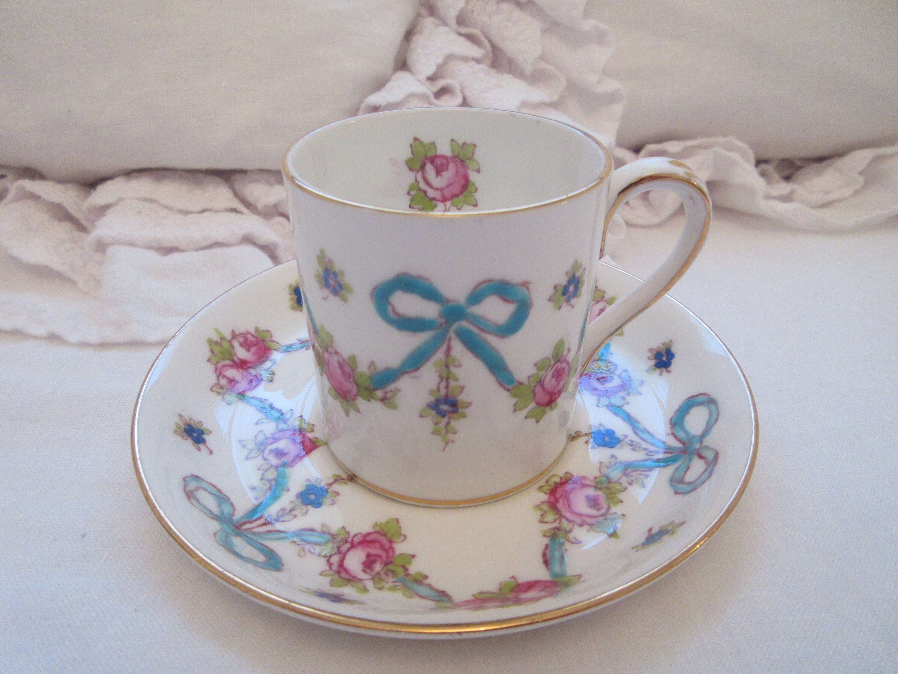 Antique Shabby Tea Cup/saucer Set Pink Roses Bows Swags Bone China ...