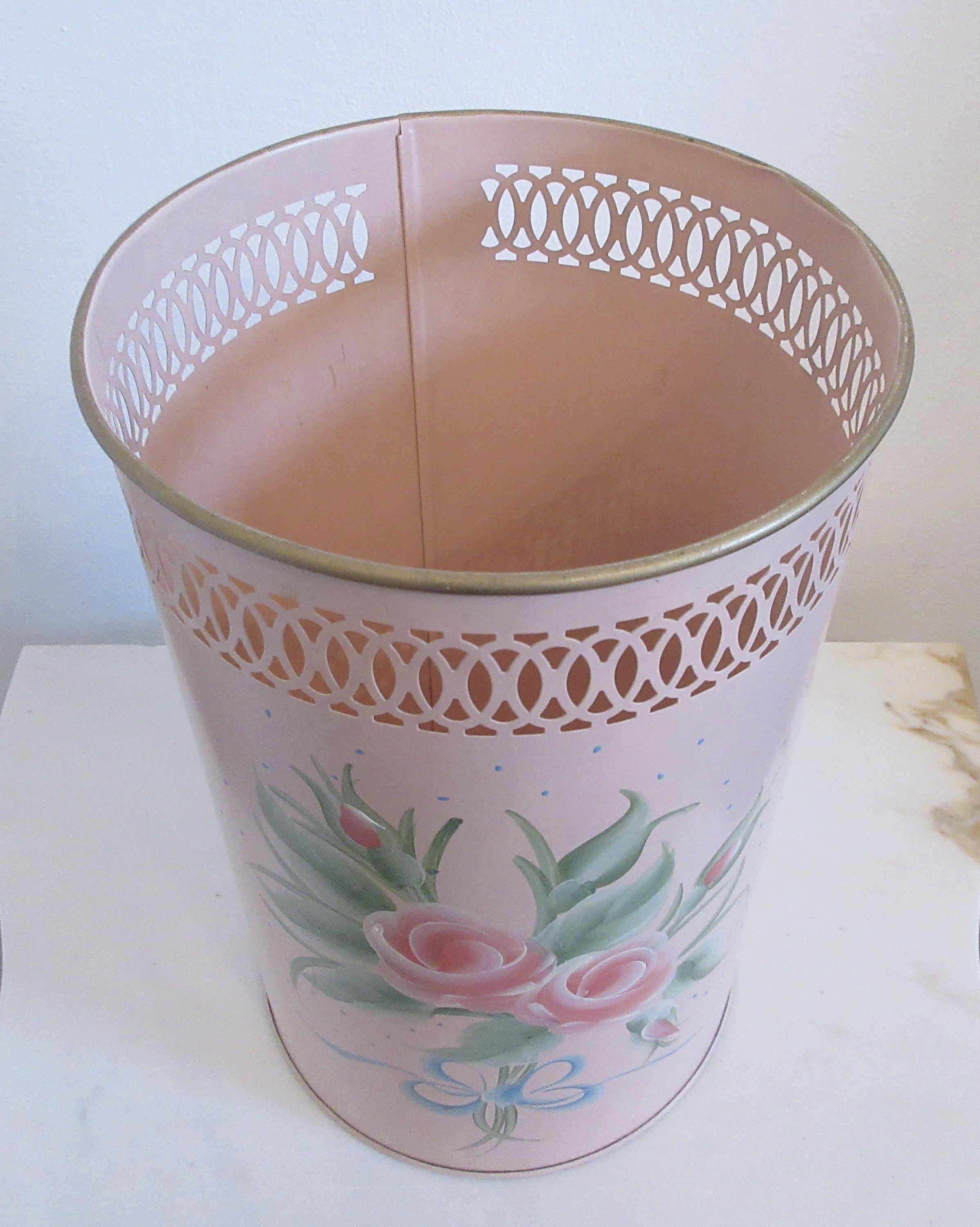 Vintage Pale Pink Tole Painted Roses With Ribbon Wastebasket - Etsy