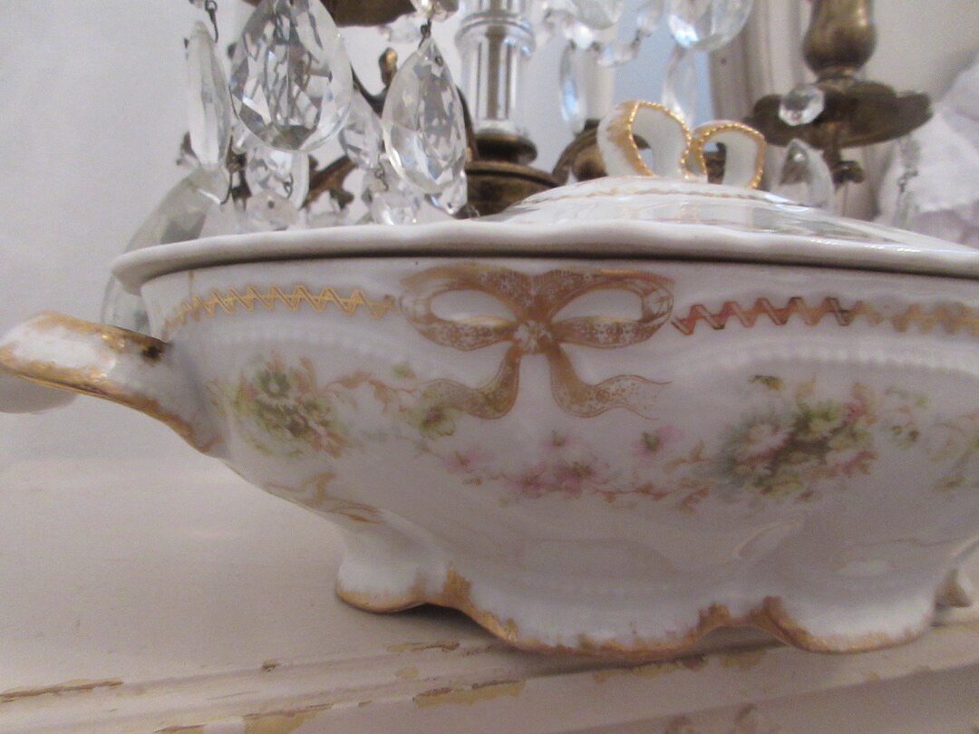 Antique Limoges France Gilded Bows Details Lidded Dish French Florals ...