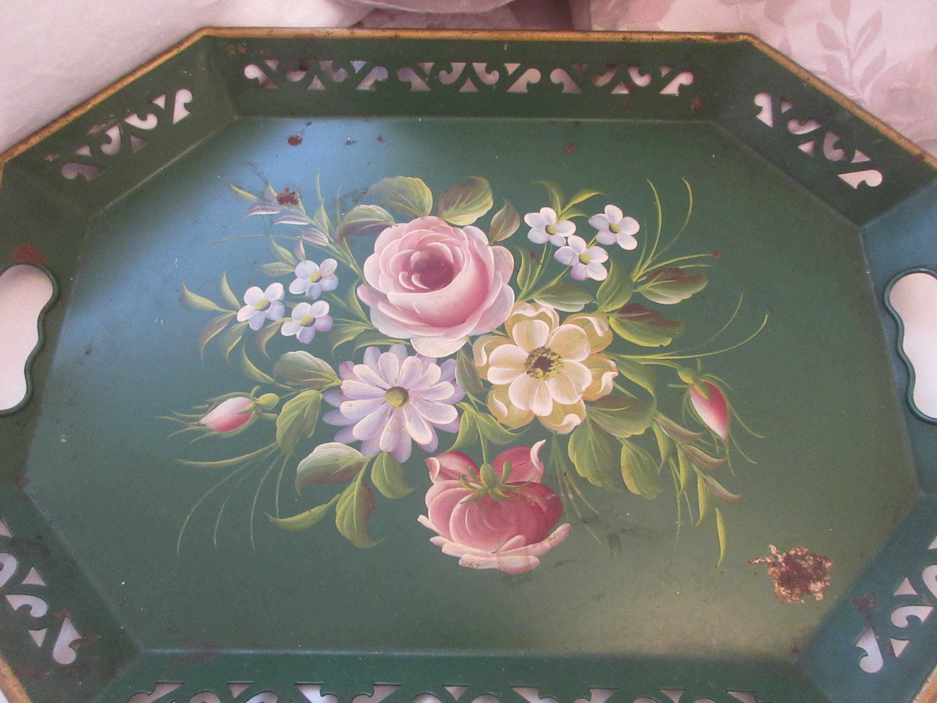 Vintage Shabby Roses Hand Painted Tole Tray - Etsy
