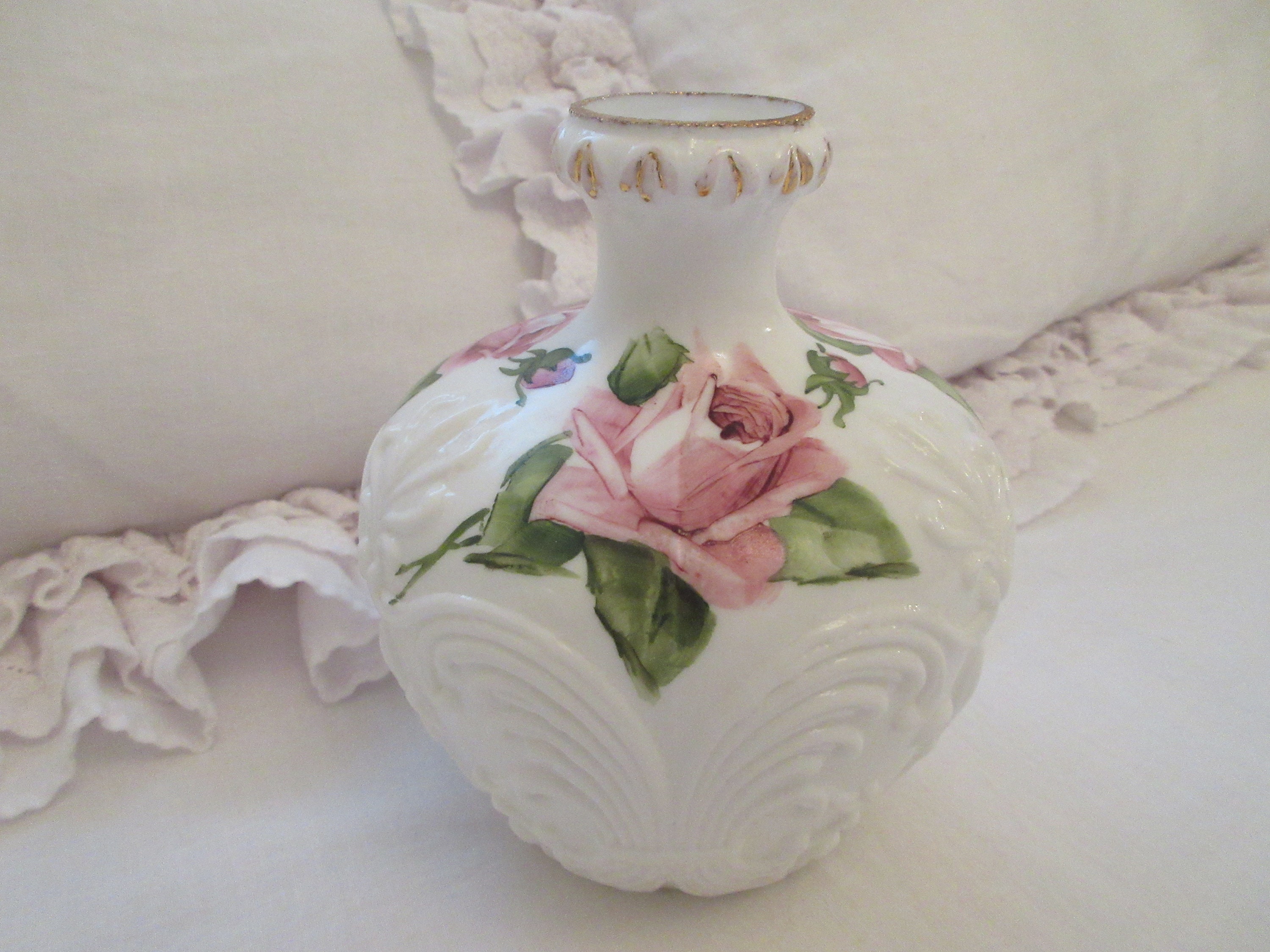 Antique Hand Painted Pink Roses Milk Glass Vase Shabby Chic - Etsy