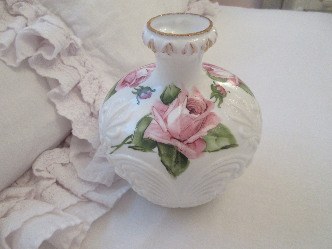Antique Hand Painted Pink Roses Milk Glass Vase Shabby Chic - Etsy