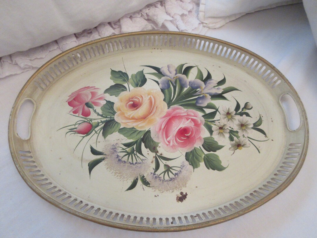 Vintage Shabby Tole Roses Painted Tray - Etsy