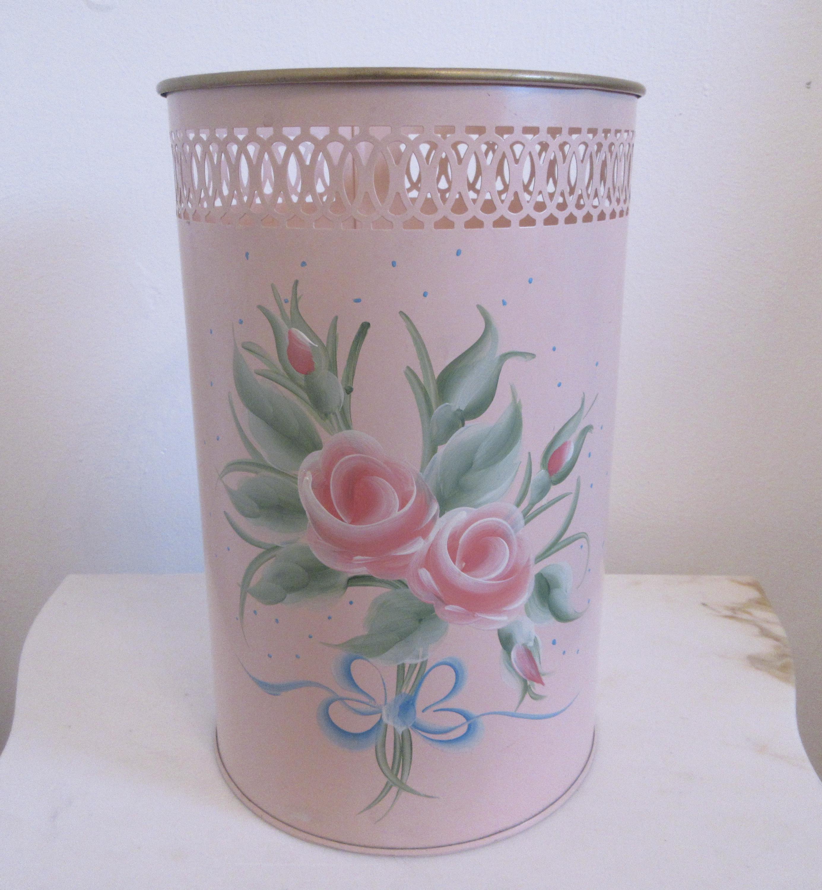 Vintage Pale Pink Tole Painted Roses With Ribbon Wastebasket - Etsy