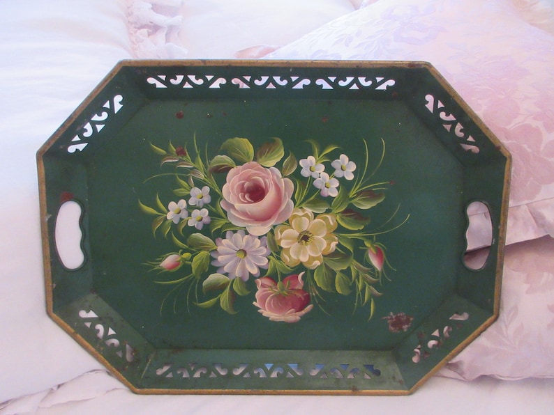 Vintage Shabby Roses Hand Painted Tole Tray - Etsy