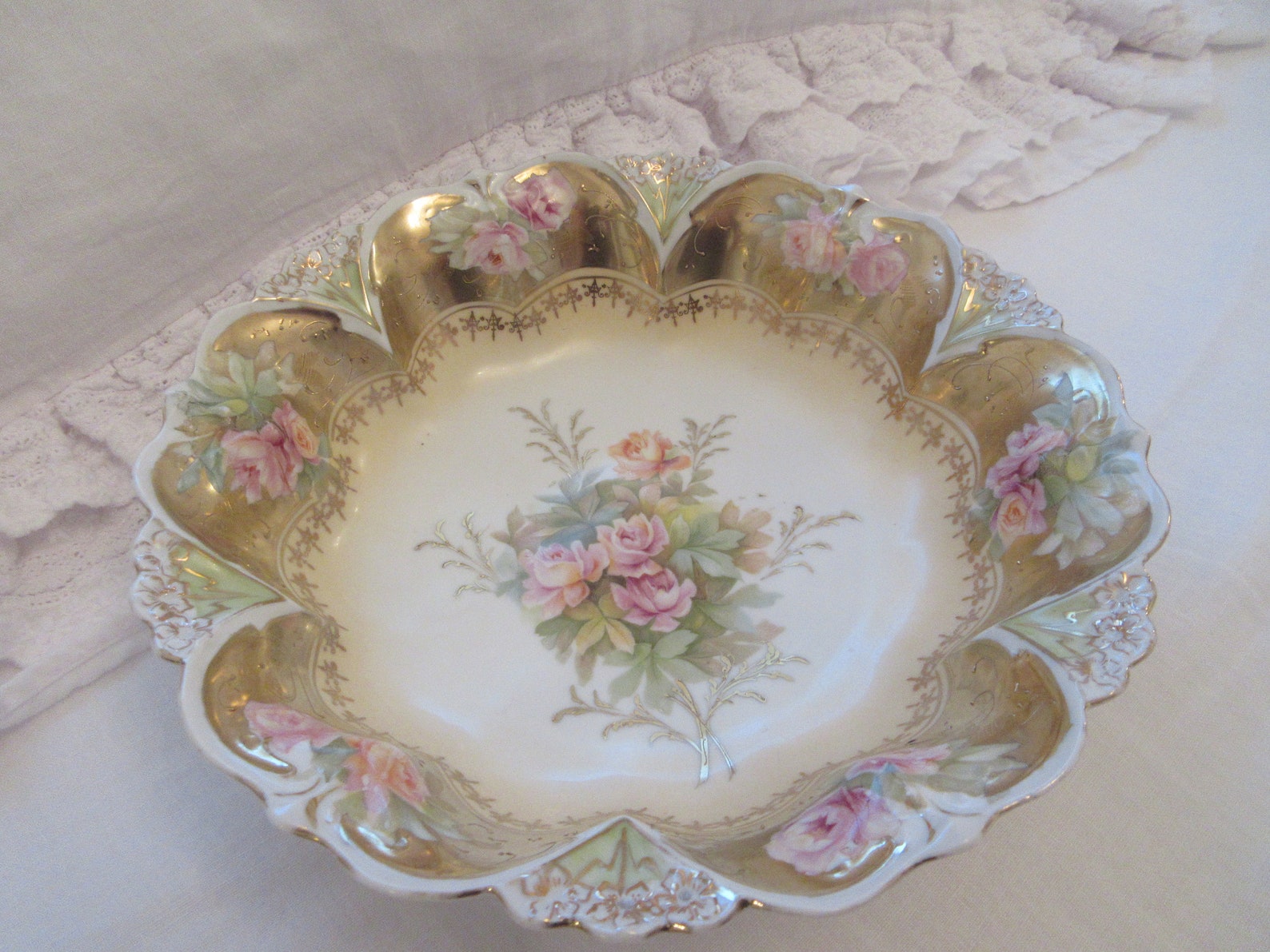 Antique Ornate Roses Large Display Bowl Gilded Florals Details - Etsy