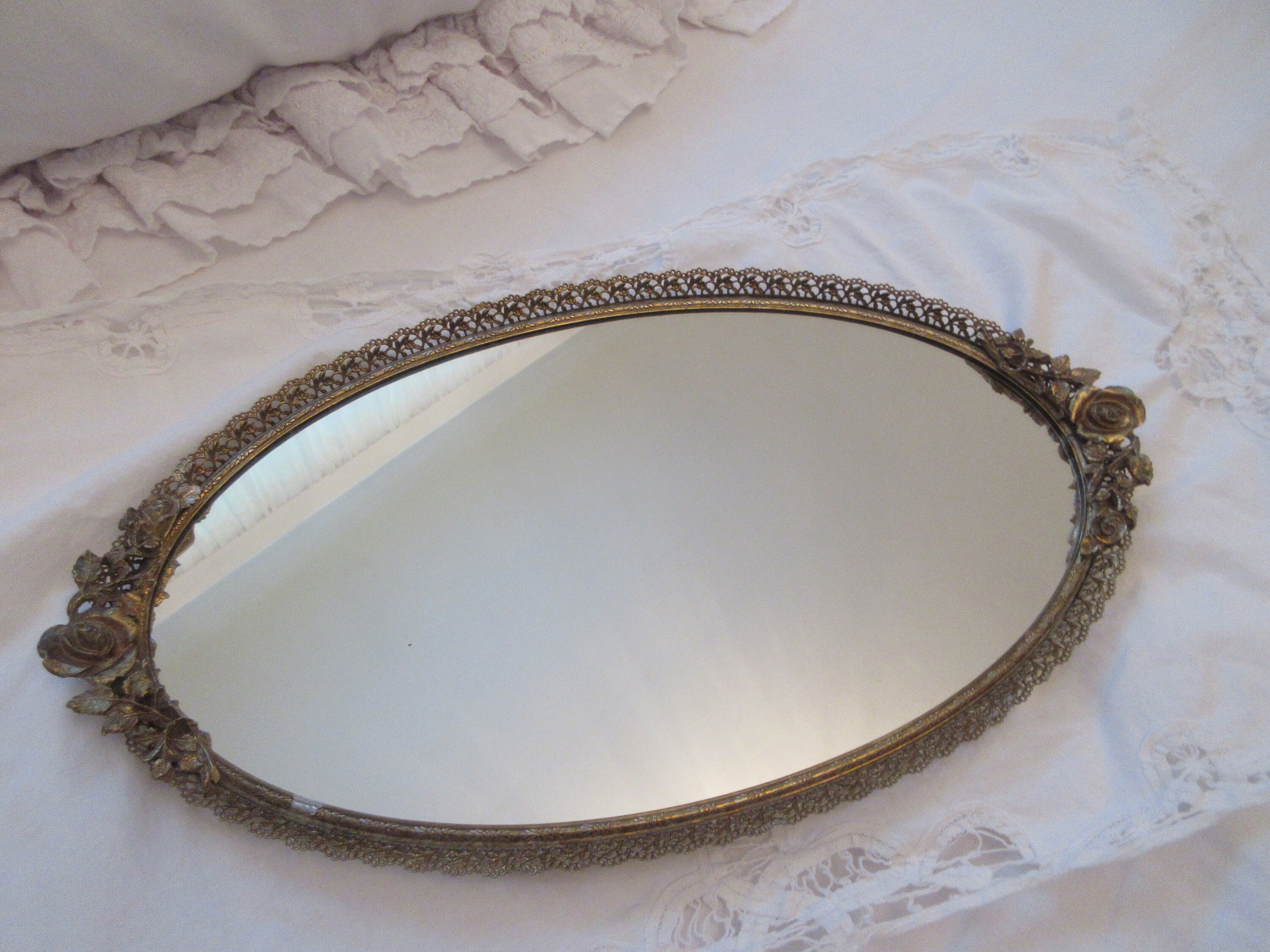 Vintage Ornate Roses Mirrored Vanity Display Tray - Etsy