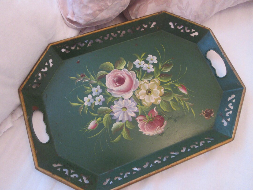 Vintage Shabby Roses Hand Painted Tole Tray - Etsy