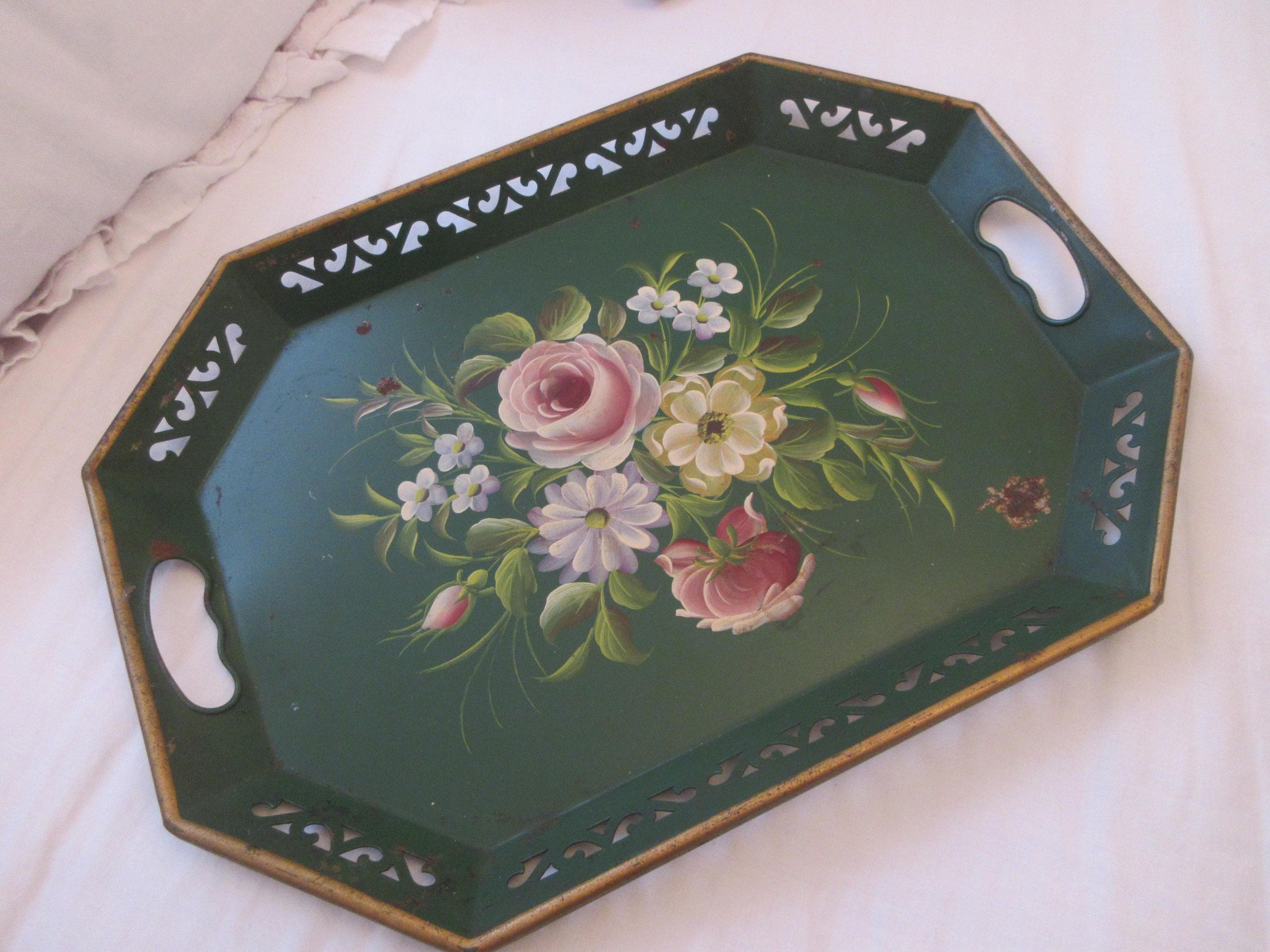 Vintage Shabby Roses Hand Painted Tole Tray - Etsy