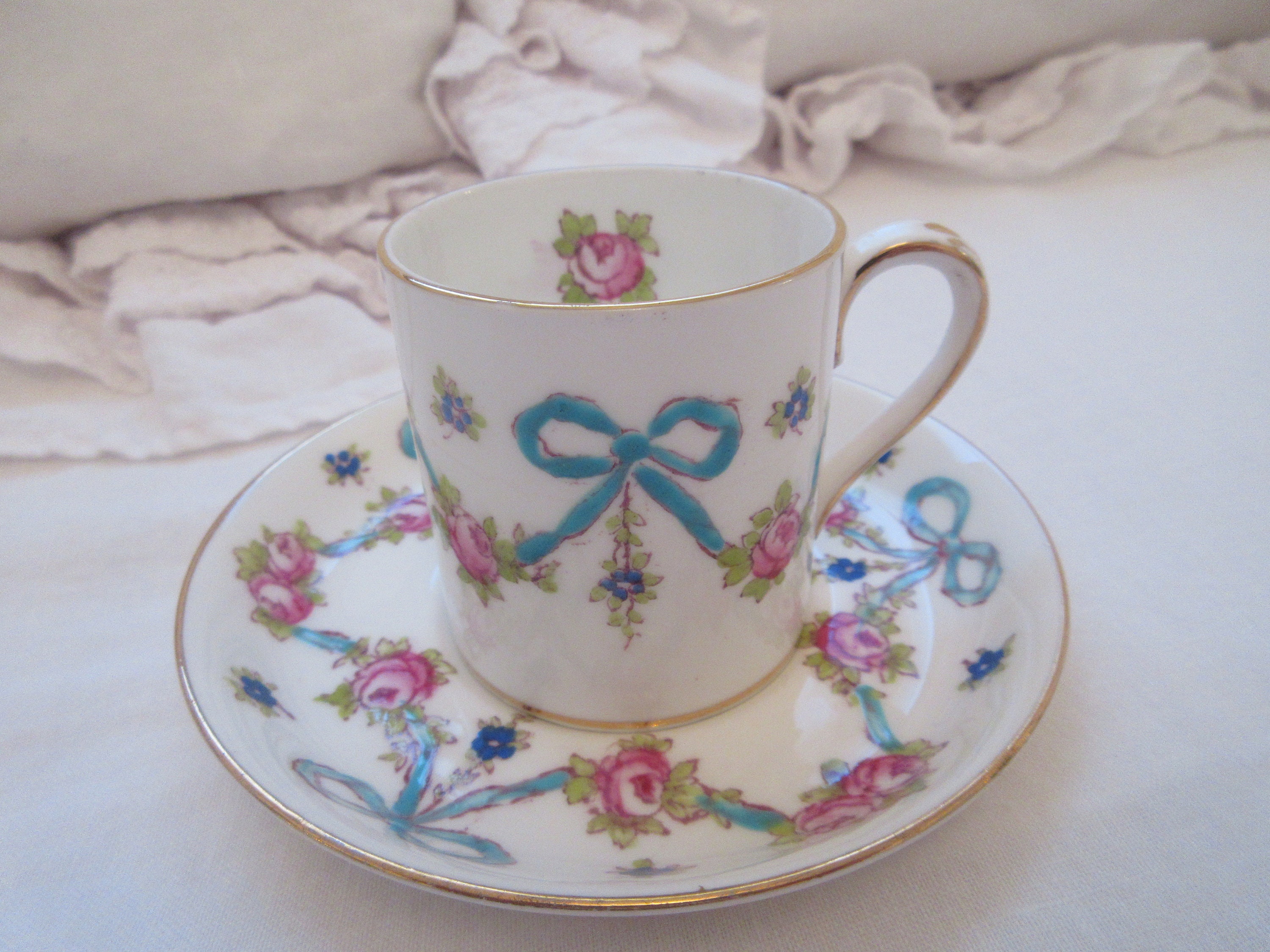 Antique Shabby Tea Cup/saucer Set Pink Roses Bows Swags Bone China ...