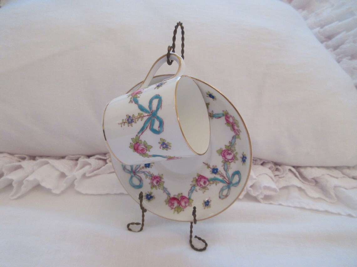 Antique Shabby Tea Cup/saucer Set Pink Roses Bows Swags Bone China ...