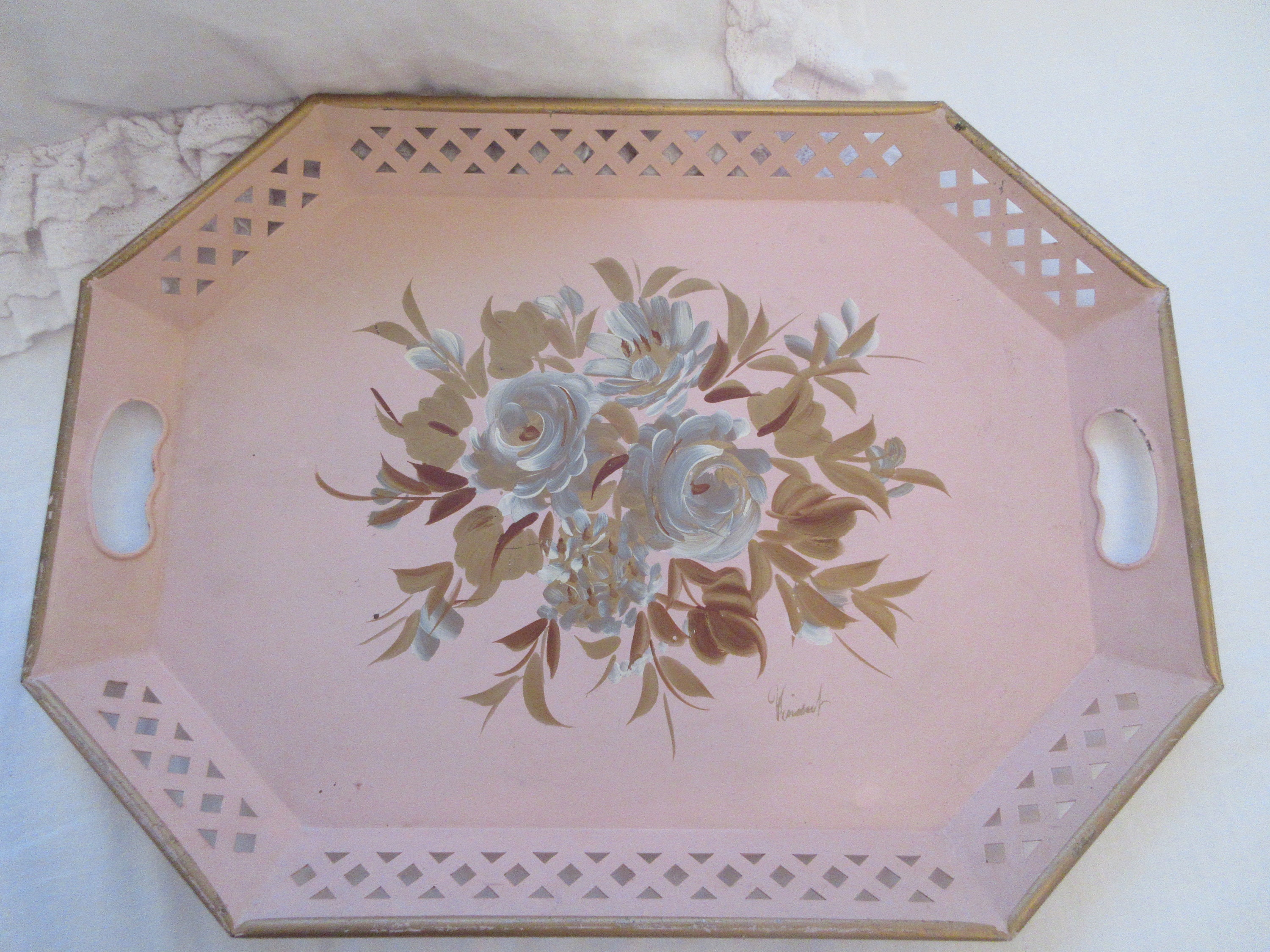 Vintage Shabby Pink Tole Roses Painted Tray - Etsy