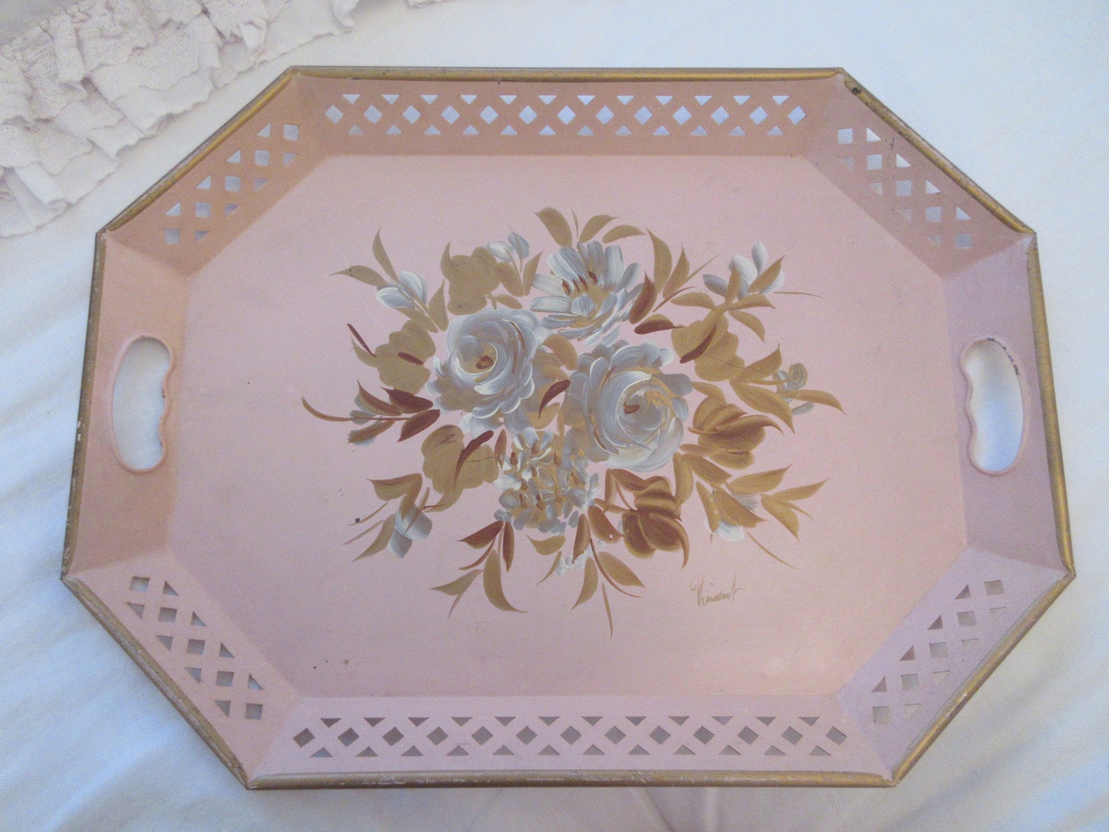 Vintage Shabby Pink Tole Roses Painted Tray - Etsy