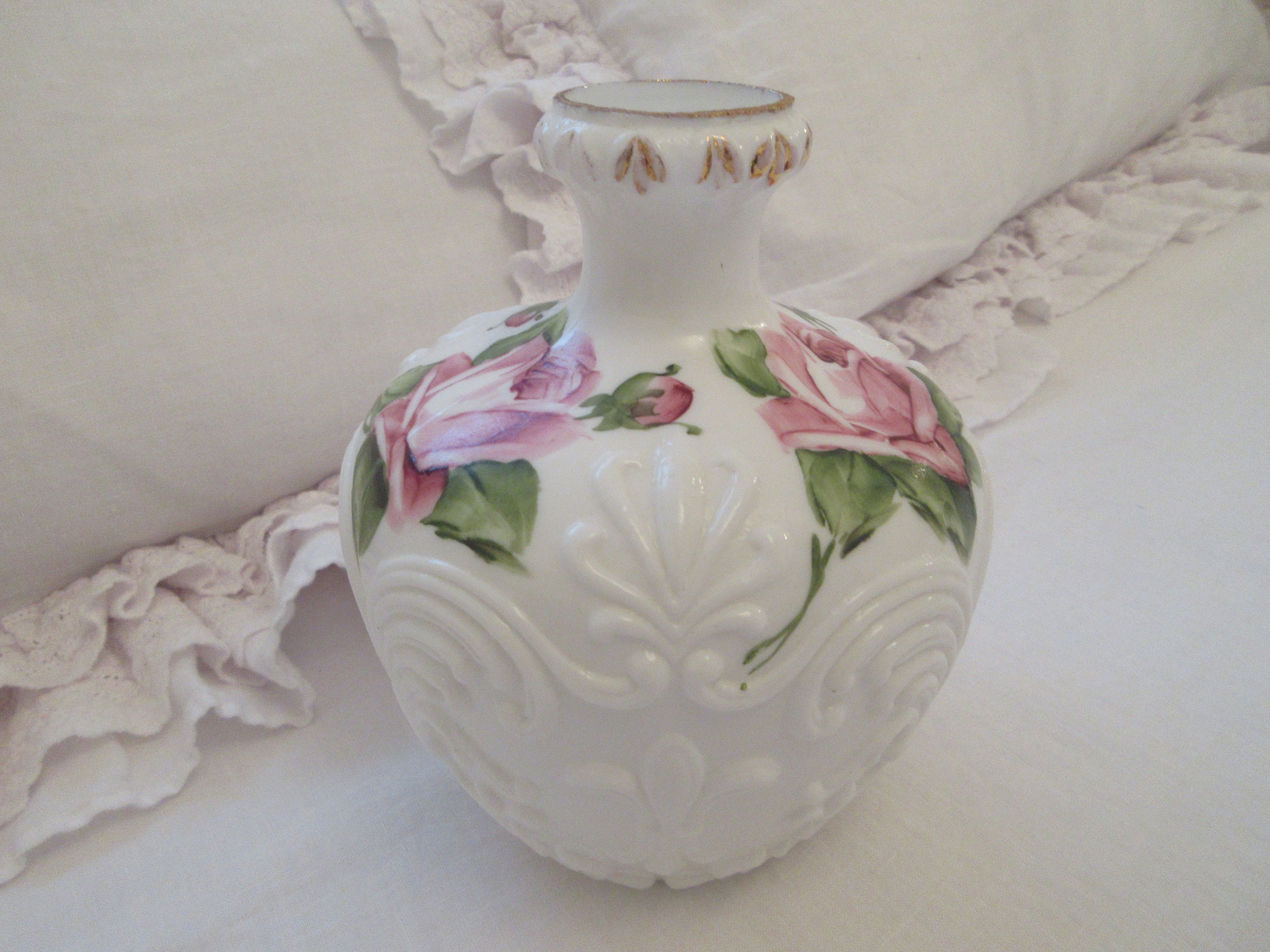 Antique Hand Painted Pink Roses Milk Glass Vase Shabby Chic - Etsy