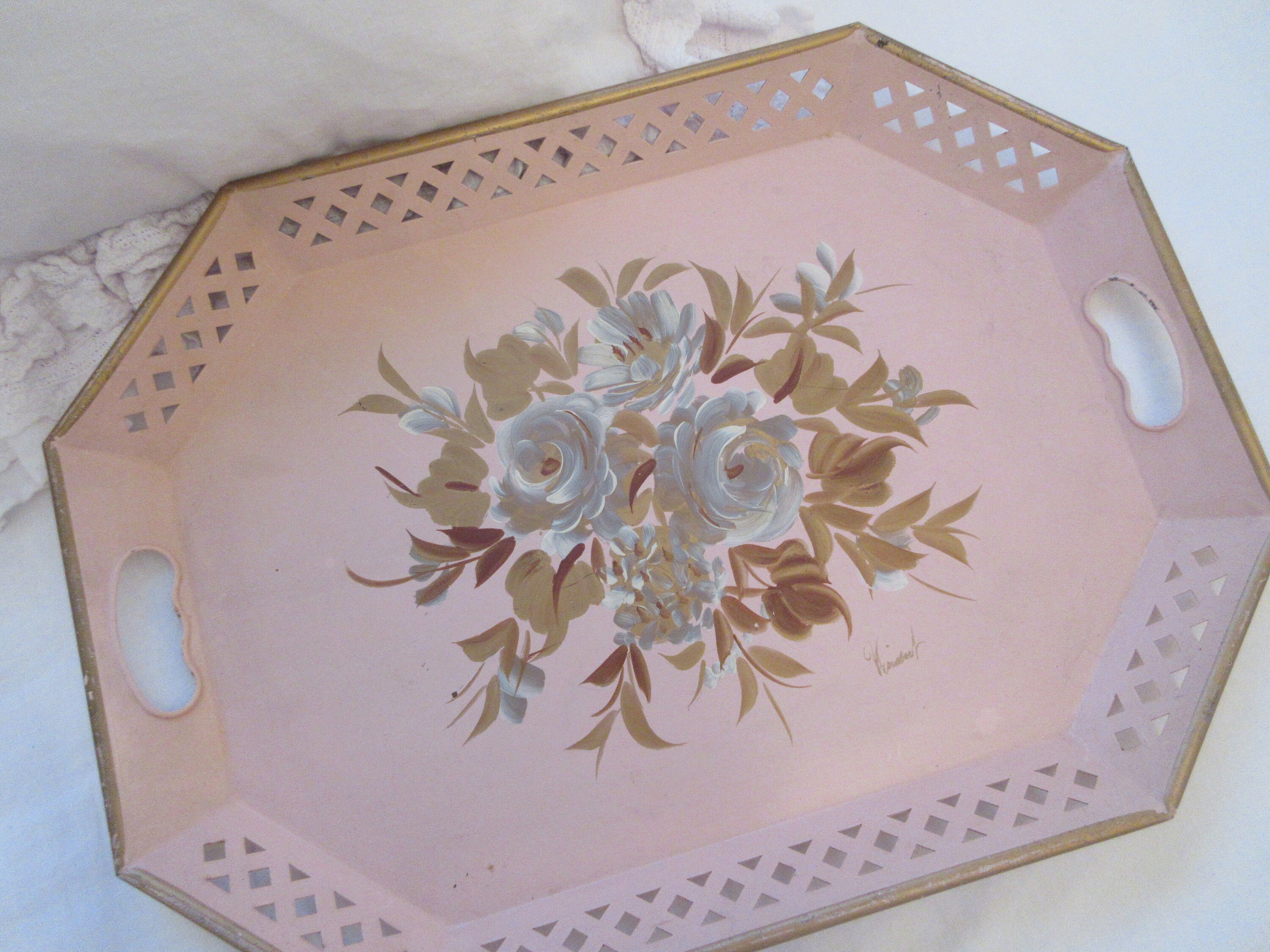 Vintage Shabby Pink Tole Roses Painted Tray - Etsy