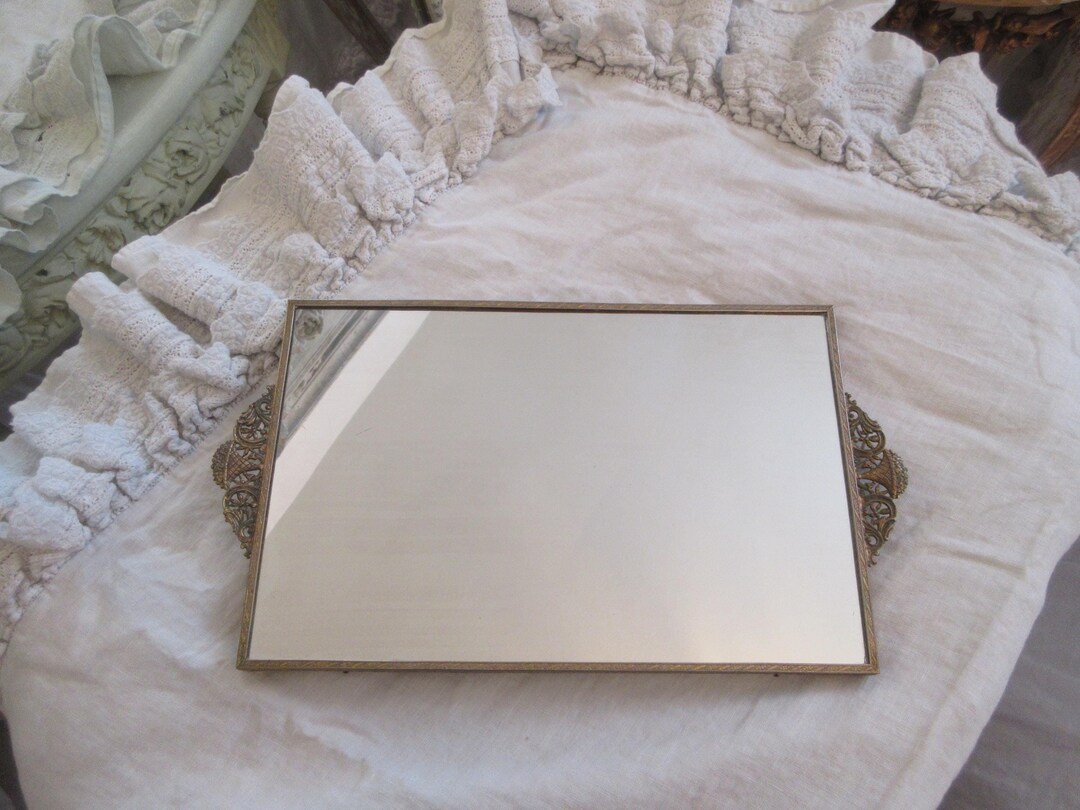 Vintage Ornate Gilt Mirrored Display Tray Baskets Roses Handles Details ...