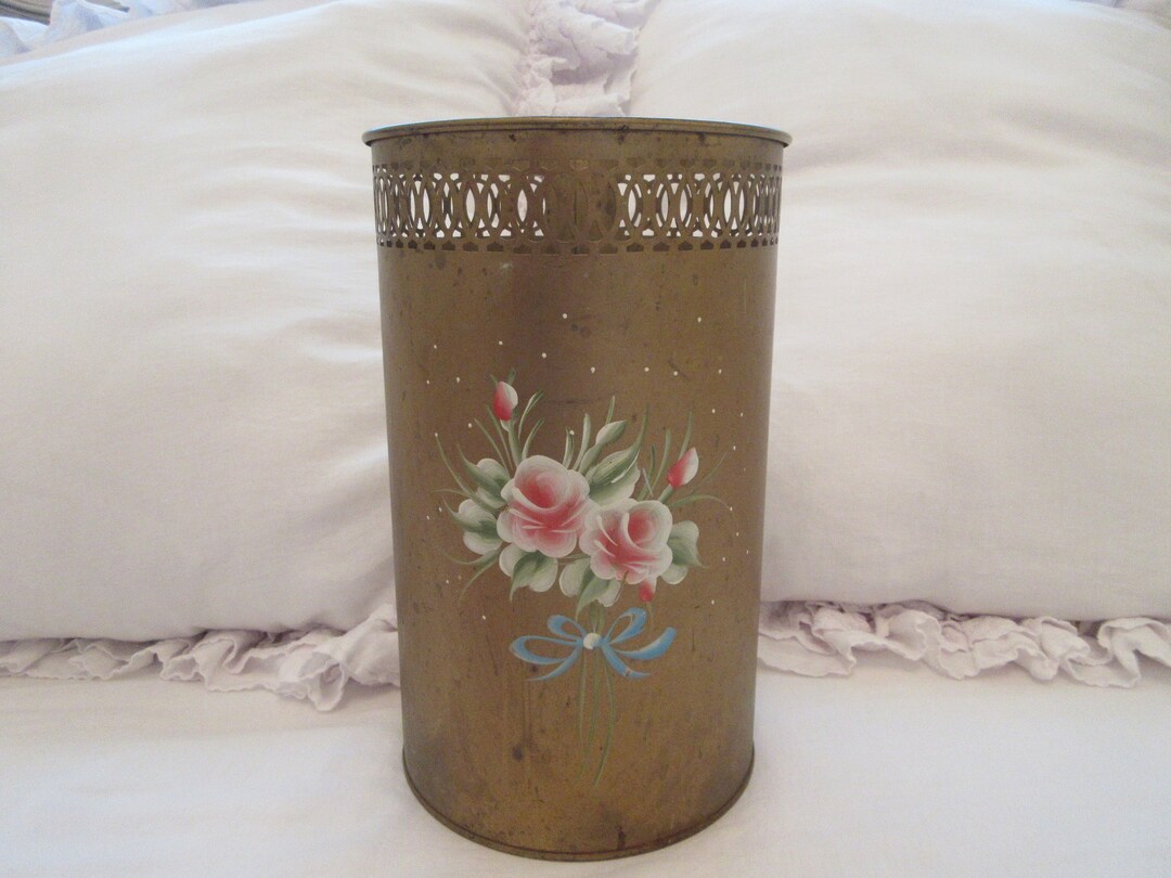Vintage Tole Painted Ribbon & Roses Wastebasket - Etsy