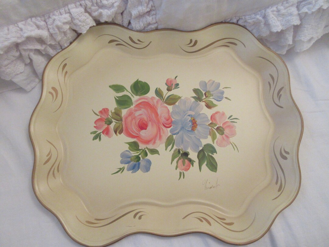 Vintage Shabby Hand Painted Tole Roses Florals Tray - Etsy