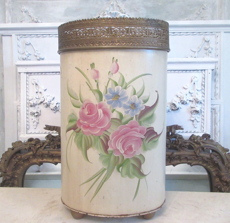 Antique French Tole Painted Roses Florals Wastebasket - Etsy