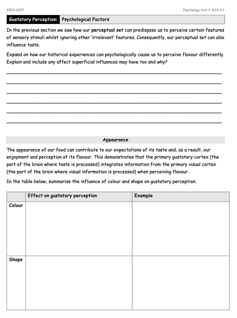 VCE Psychology Unit 2 AOS 2 Perception Revision Booklet 2023-2027 - Etsy