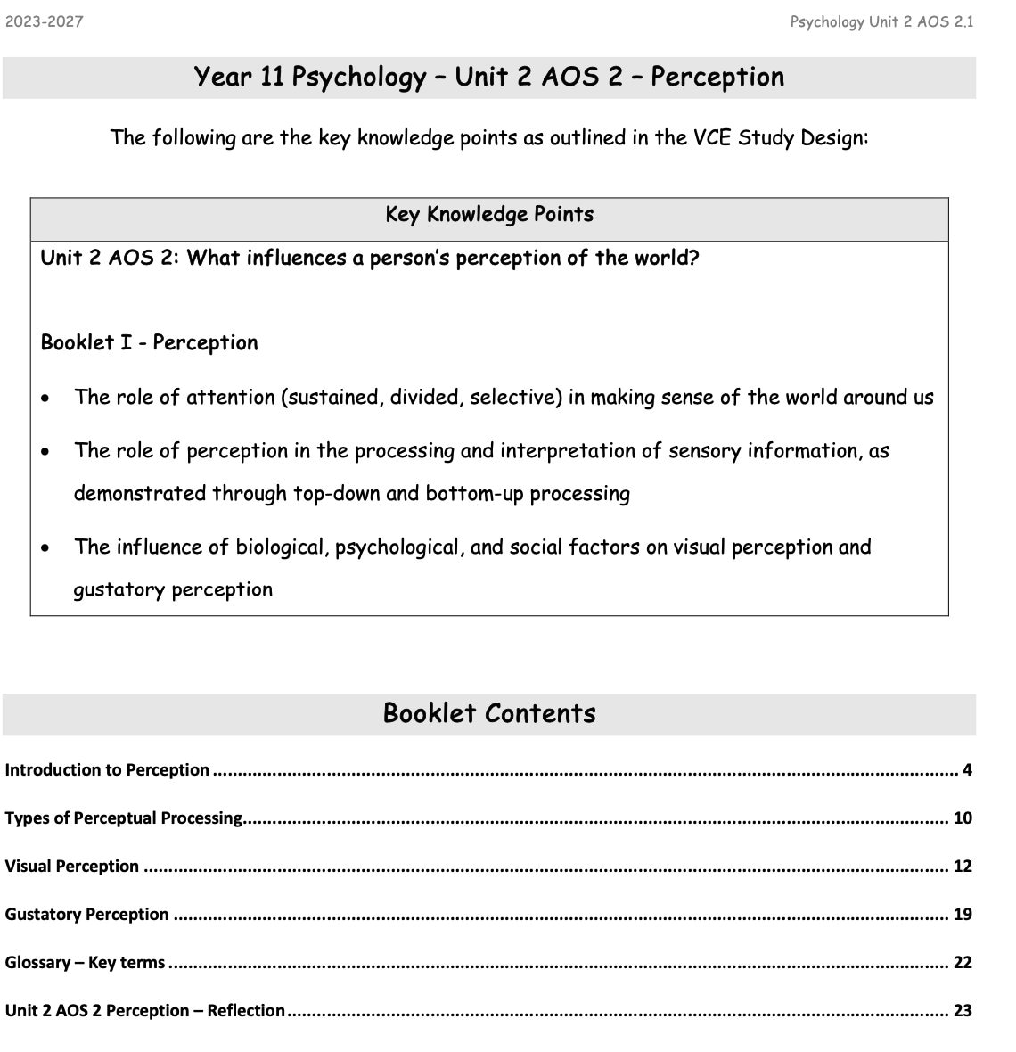 VCE Psychology Unit 2 AOS 2 Perception Revision Booklet 2023-2027 - Etsy