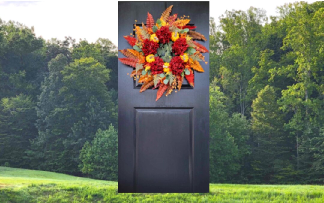 Extra Large Fall Wreath, Burgundy Hydrangea, Pumpkin and Fern Harvest ...