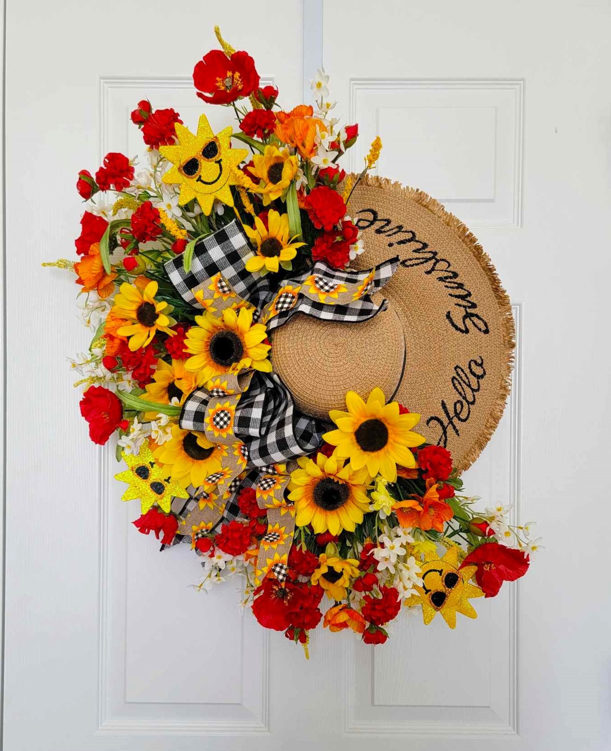 Straw Hat Wreath, Bright Summer Wreath, Beach Hat Wreath, Yellow ...
