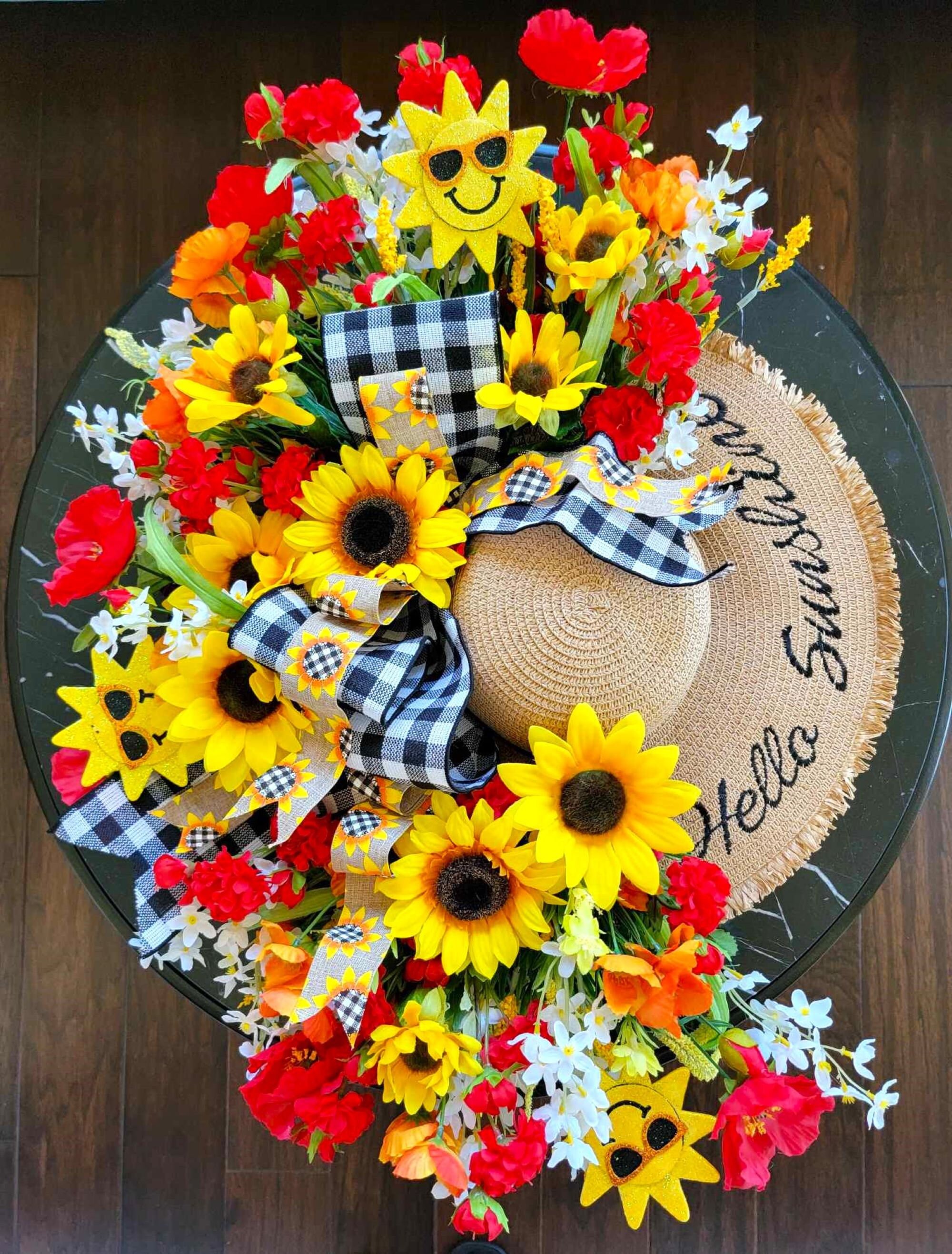 Straw Hat Wreath, Bright Summer Wreath, Beach Hat Wreath, Yellow ...