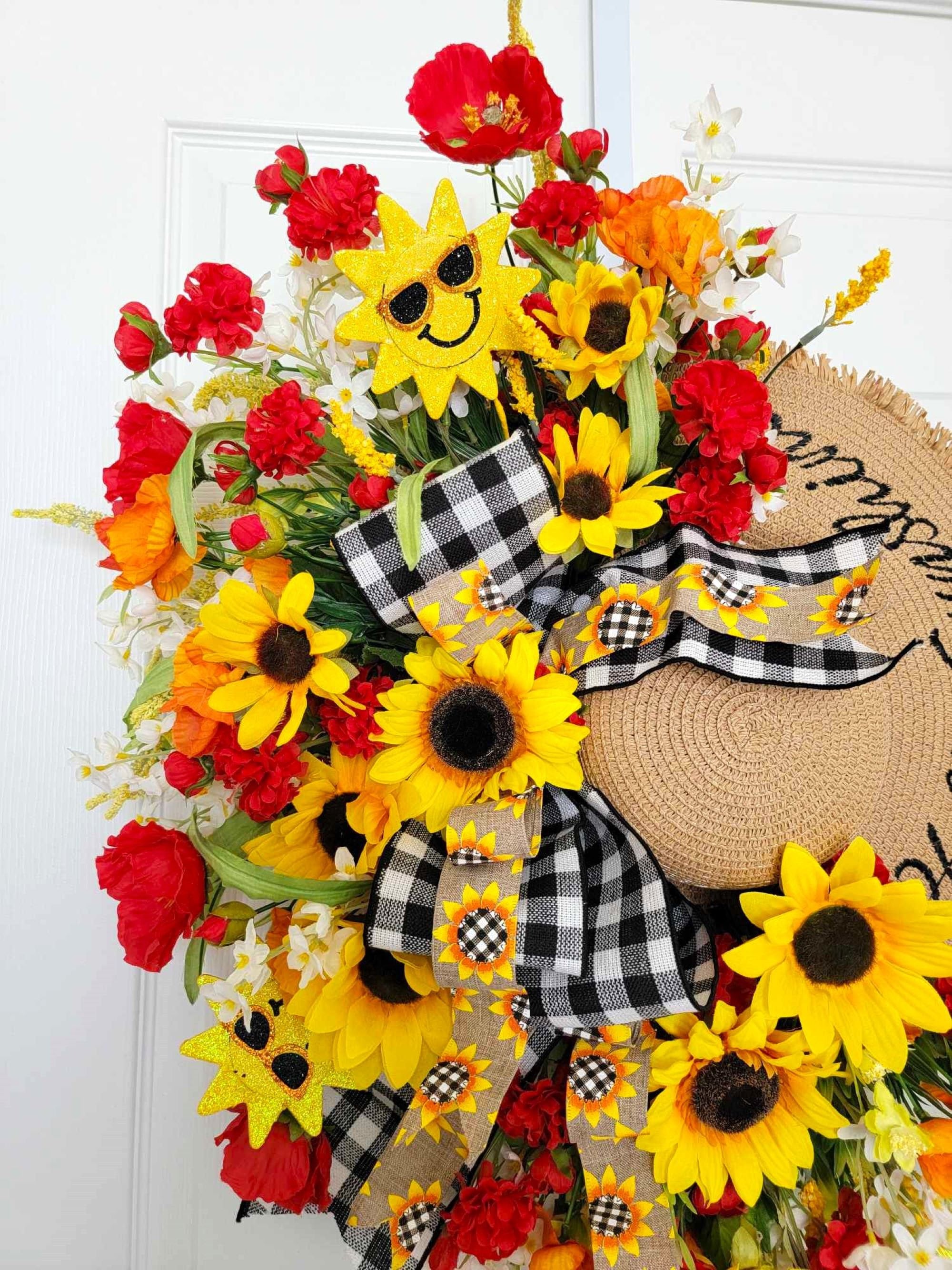Straw Hat Wreath, Bright Summer Wreath, Beach Hat Wreath, Yellow ...