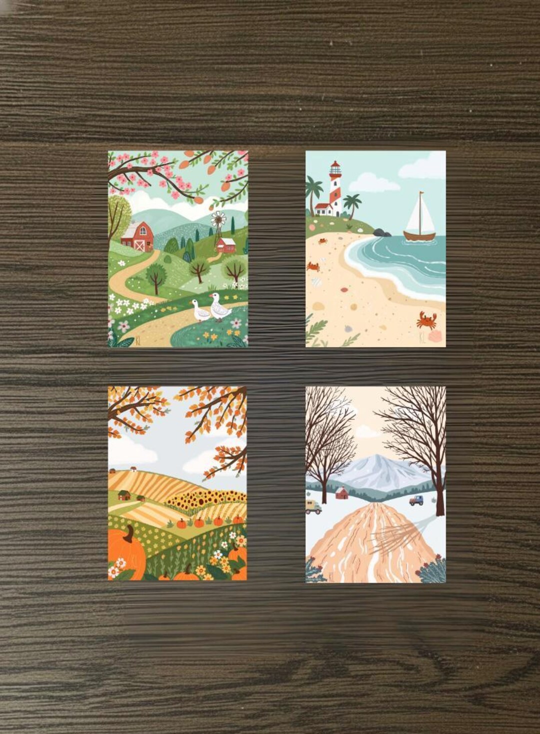 Hand-drawn Digital Landscape Artwork Set of 4, All Seasons Decor, Cozy ...