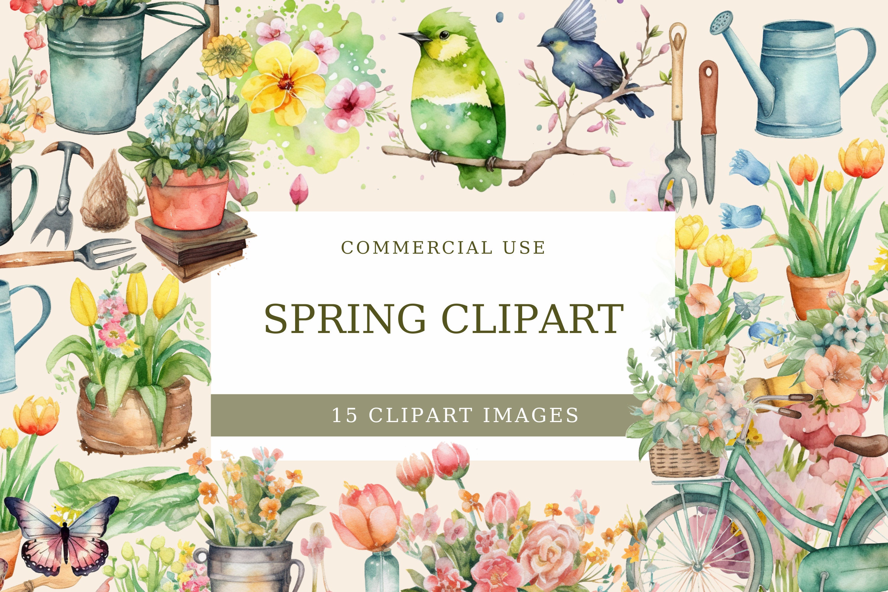 Watercolor Spring Clip Art Bundle, Floral Clip Art Springtime Graphics ...