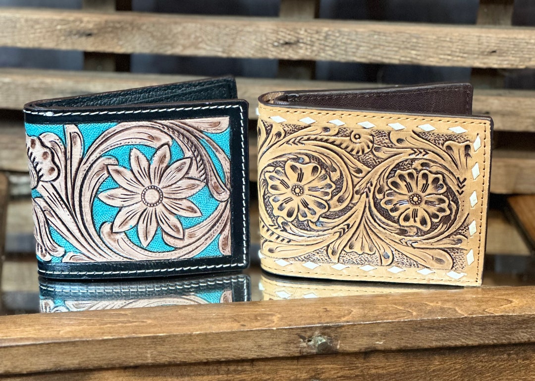 Hand Tooled Mens Leather Wallet Tooled Leather Wallet Money Holder Gift ...