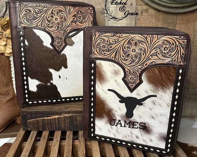 Cowhide Zipper Portfolio | Custom Branded Hand Tooled Leather & Cowhide ...