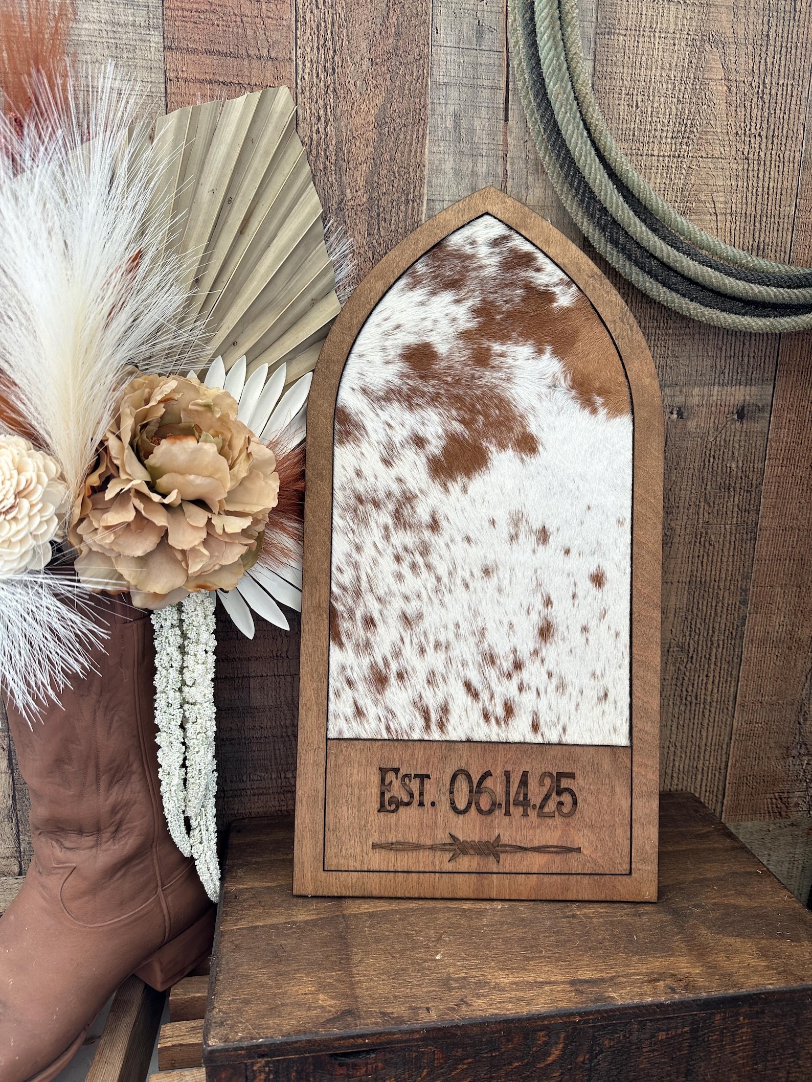 Branding Cowhide Arch Framed Sign | 18 3/4” Fully Customizable Cowhide ...