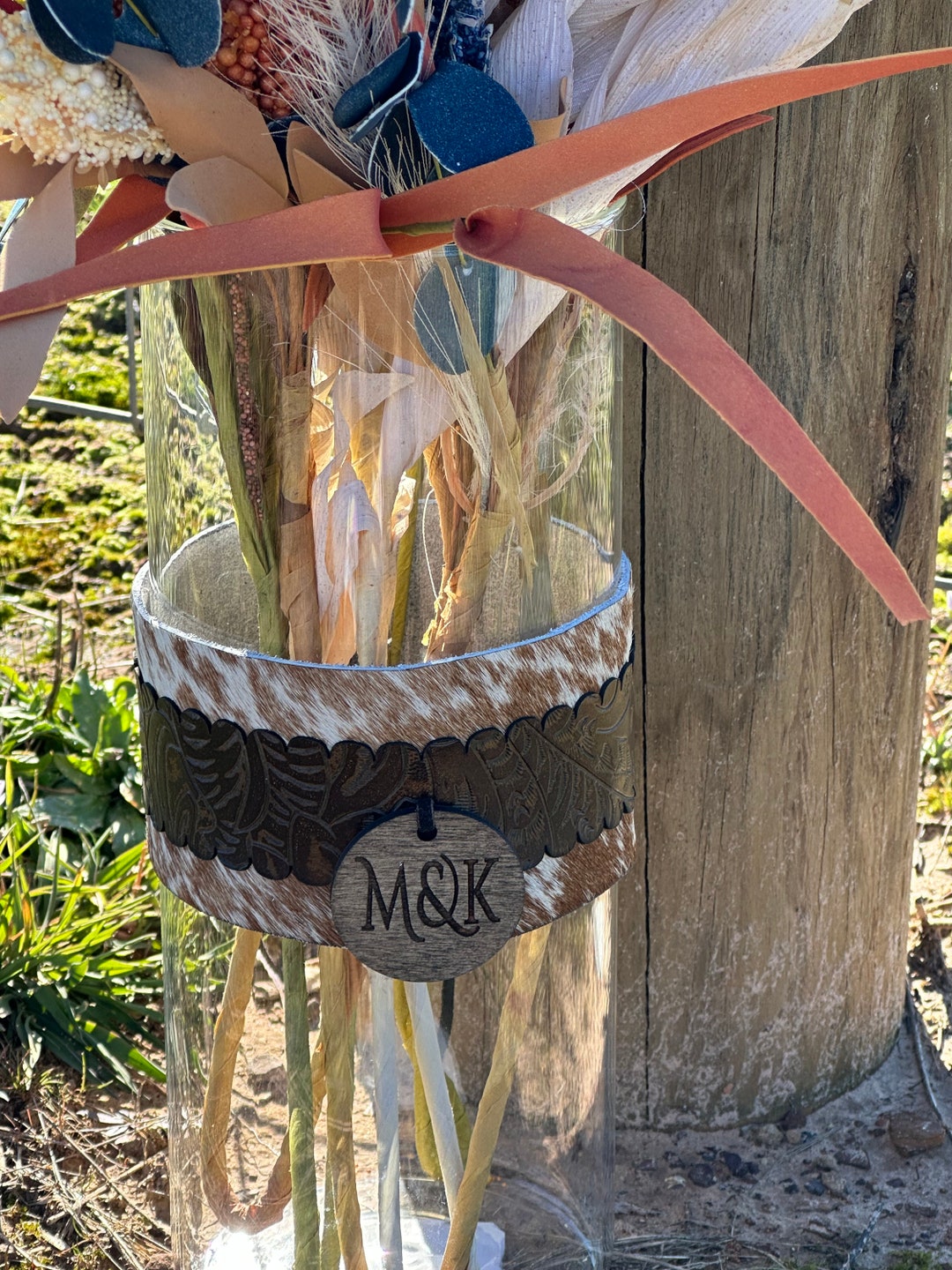 Wedding Vase Wrap |custom Cowhide & Tooled Leather Vase Wrap | Wedding ...