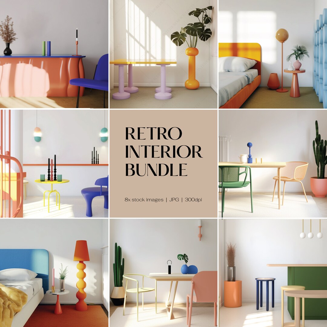 Retro Interior Background Stock Image Bundle Bright Home Blank Wall Art ...