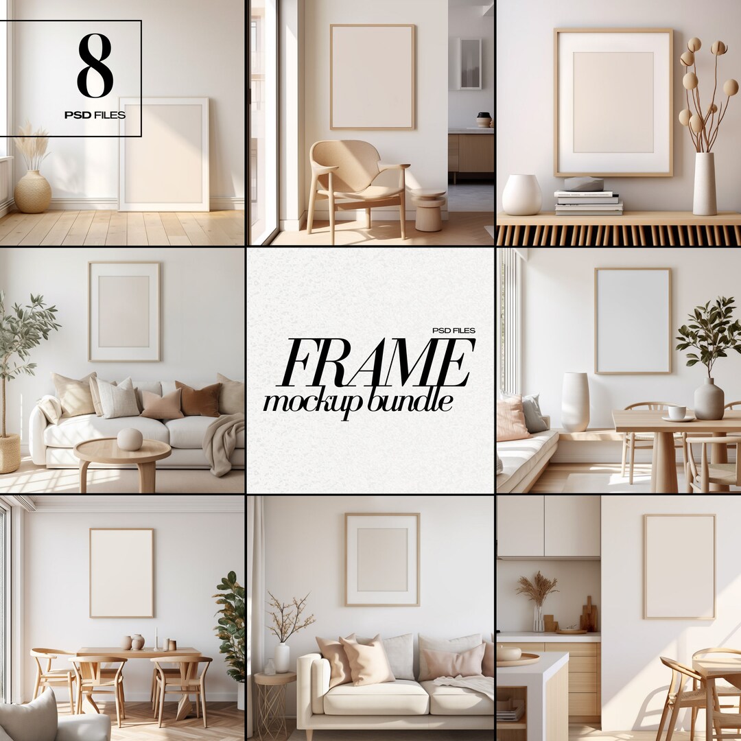 Contemporary Frame Mockup Bundle PSD Modern Boho Interior Style Wooden ...